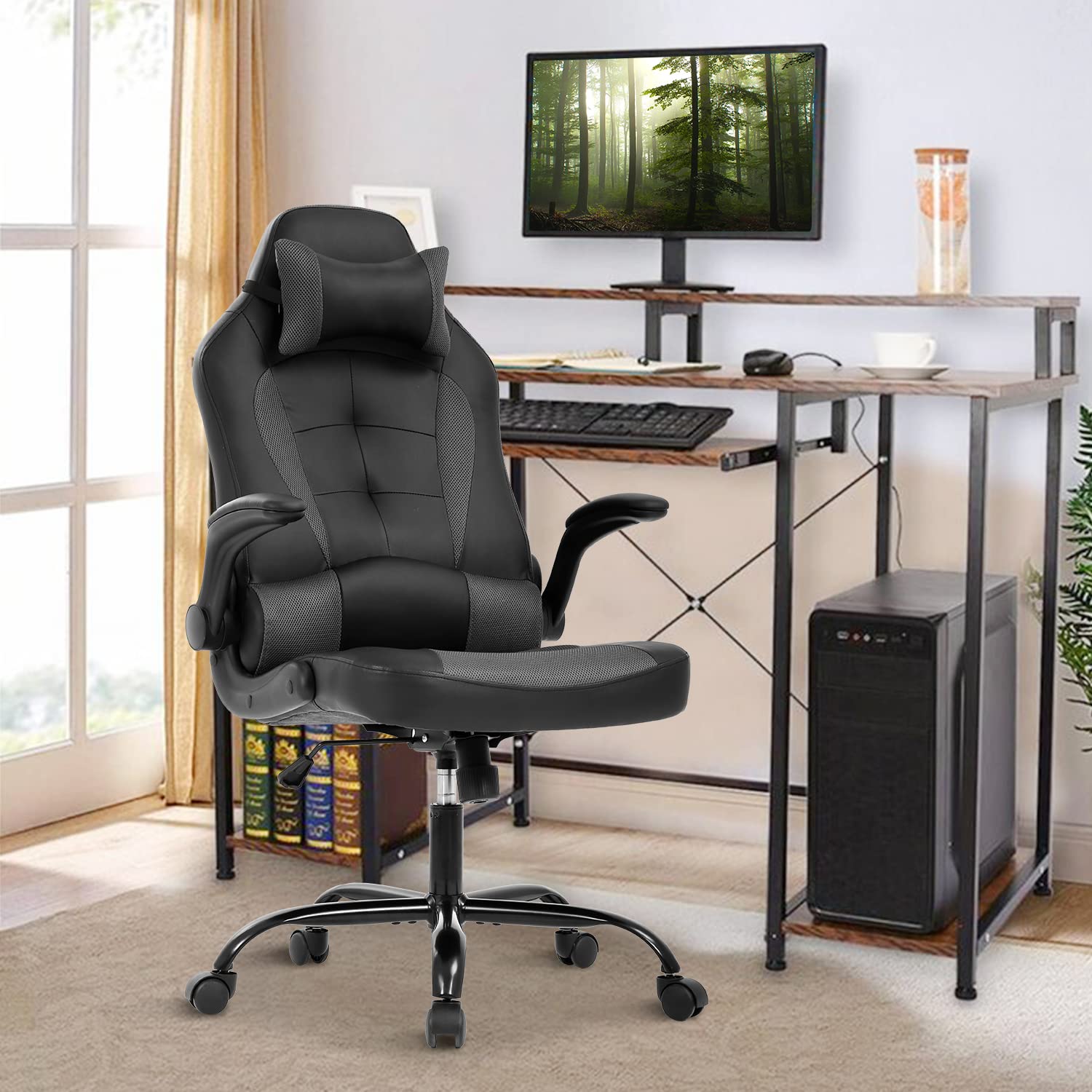 Gaming Chair Computer Chair Ergonomic Office Chair with Lumbar Support& Headrest& Armrest, Adjustable PU Leather High Back Desk Chair Racing Executive Rolling Swivel Task Chairs, Grey