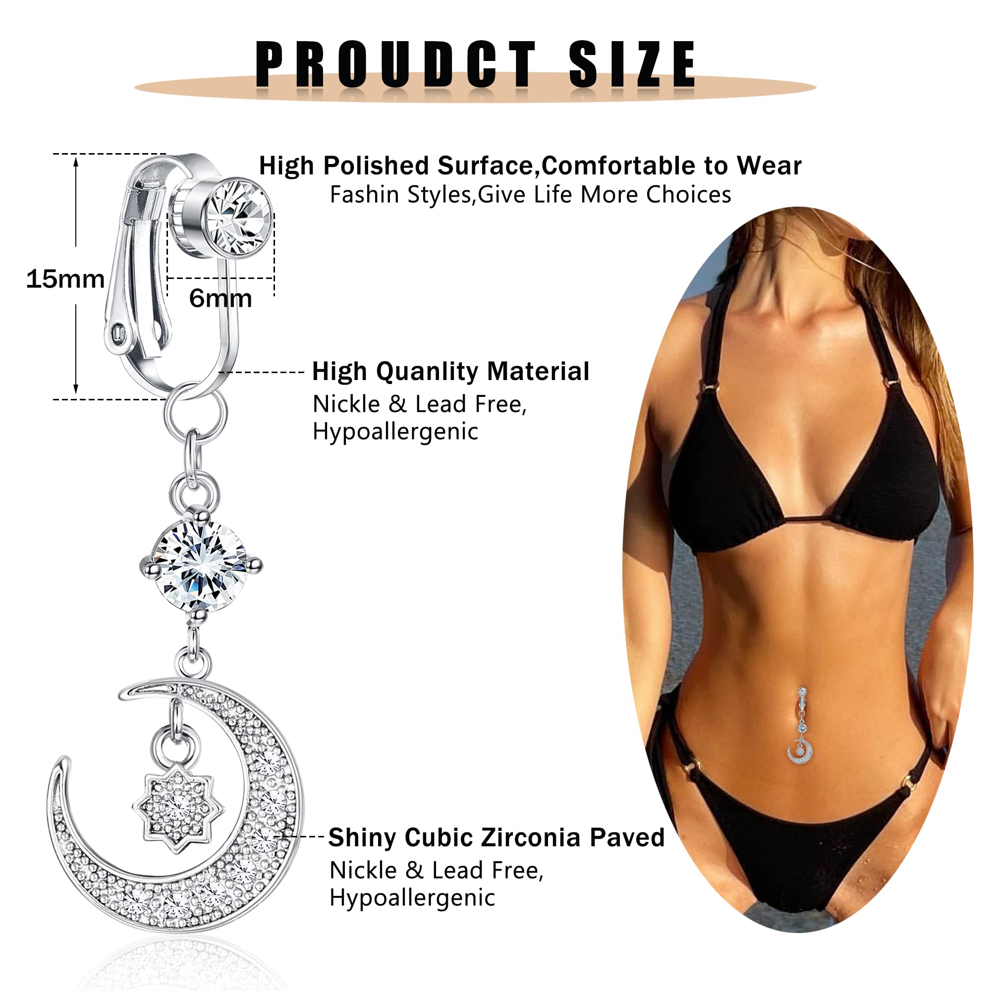 IRONBOX 10 Pcs Fake Belly Ring for Women Fake Dangle Belly Button Rings Non Piercing CZ Opal Butterfly Moon Clip on Belly Button Rings