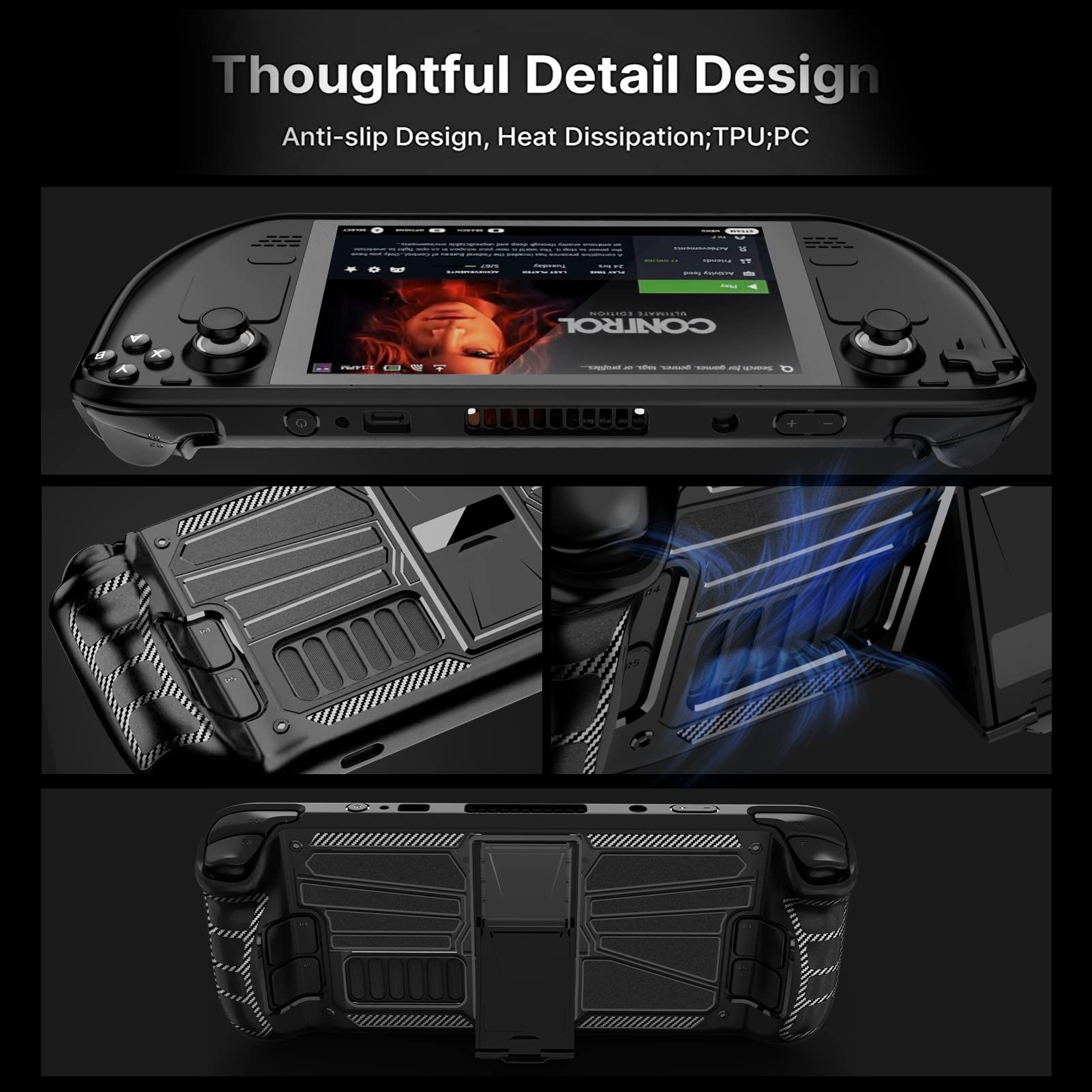 Keruixin Steam Deck Case with Kickstand, PC+TPU Protective Case Cover Protector Case with Stand Base for Stream Deck, Shock-Absorption, Non-Slip and Anti-Scratch Design (Black)