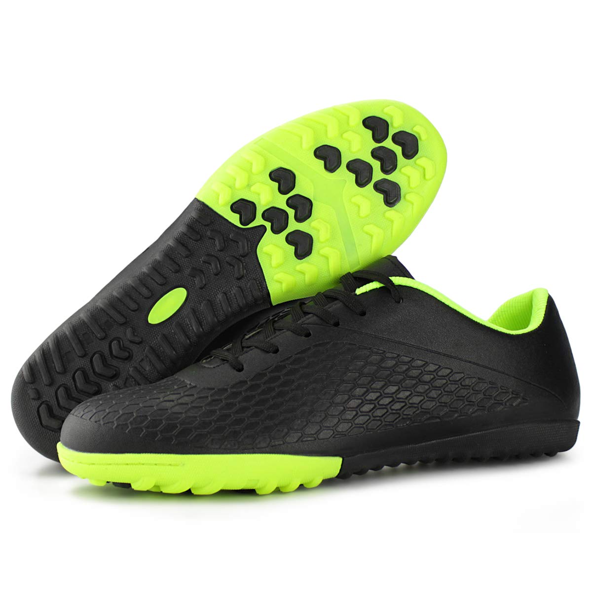 Hawkwell Men's Turf Soccer Shoes Outdoor/Indoor Comfortable Soccer Cleats, Black Lime PU, 7 M US