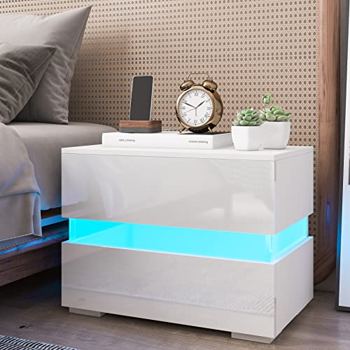 HALLOLURE Nightstand Modern Low Profile White Nightstand with Drawers and LED Light 17.7" Tall Night Stand Bed Side Table for Bedroom, Platform Bed