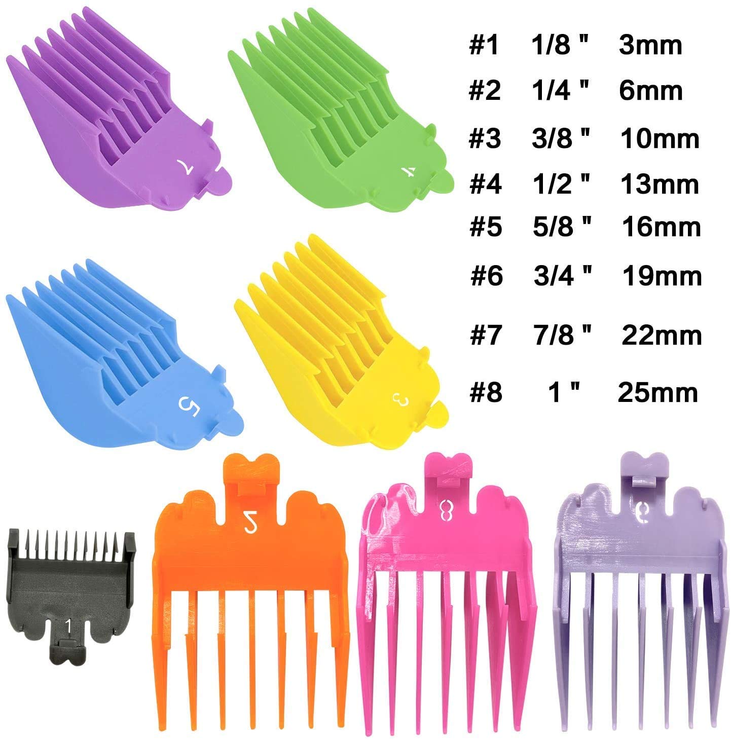 Guide Combs, HOMEKNOBS Hair Clipper Combs Guides Attachment Replacement Guards Set,8 Cutting Lengths from 1/8"to 1"(3-25mm) Fits for Most Full Size Hair Clippers/Trimmers