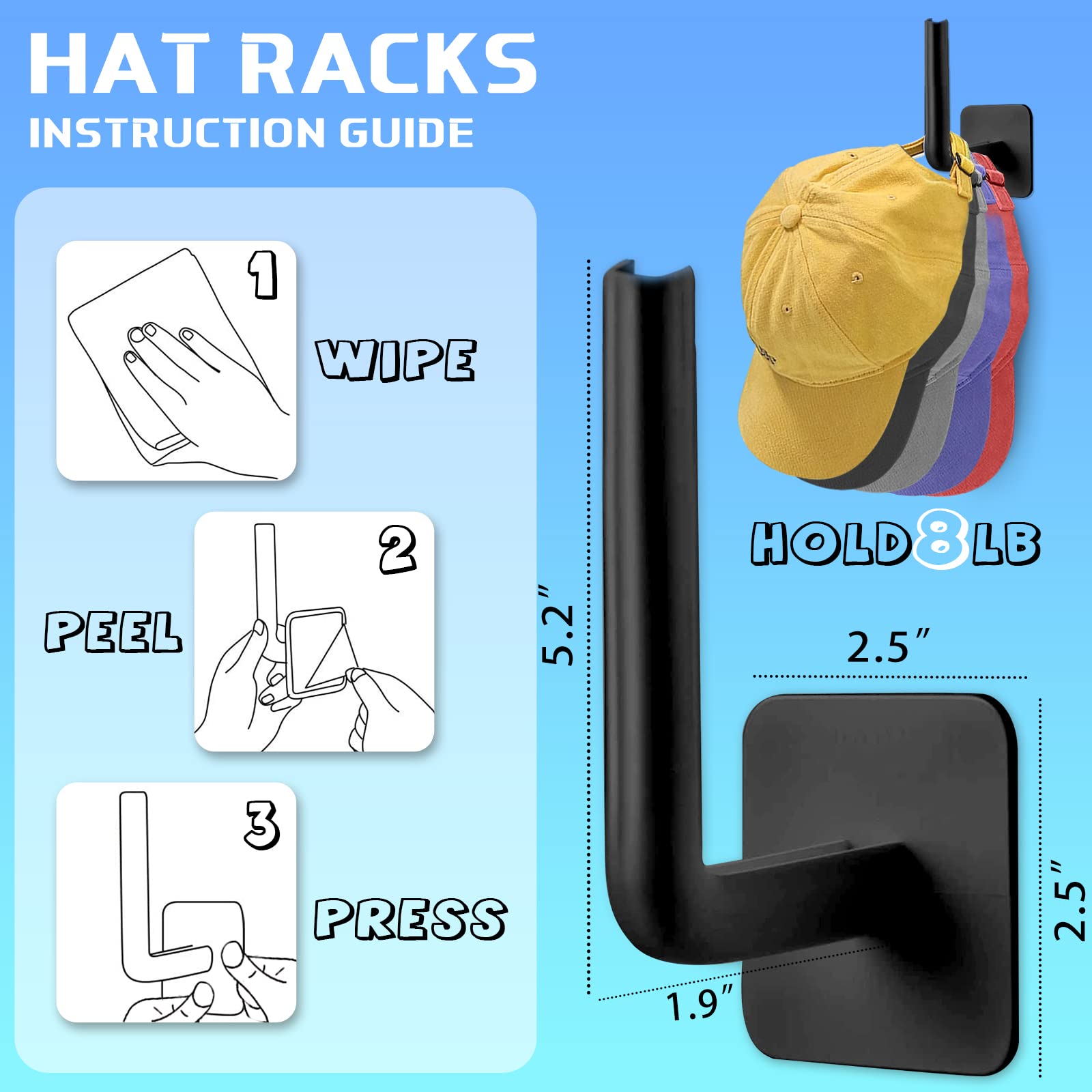 Hat Rack for Wall Hat Organizer (4-Pack), Adhesive Hat Hooks for Wall, No Drilling Hat Hangers for Closet Cowboy Hat Holder Display, Sticky Hat Storage for Baseball Caps