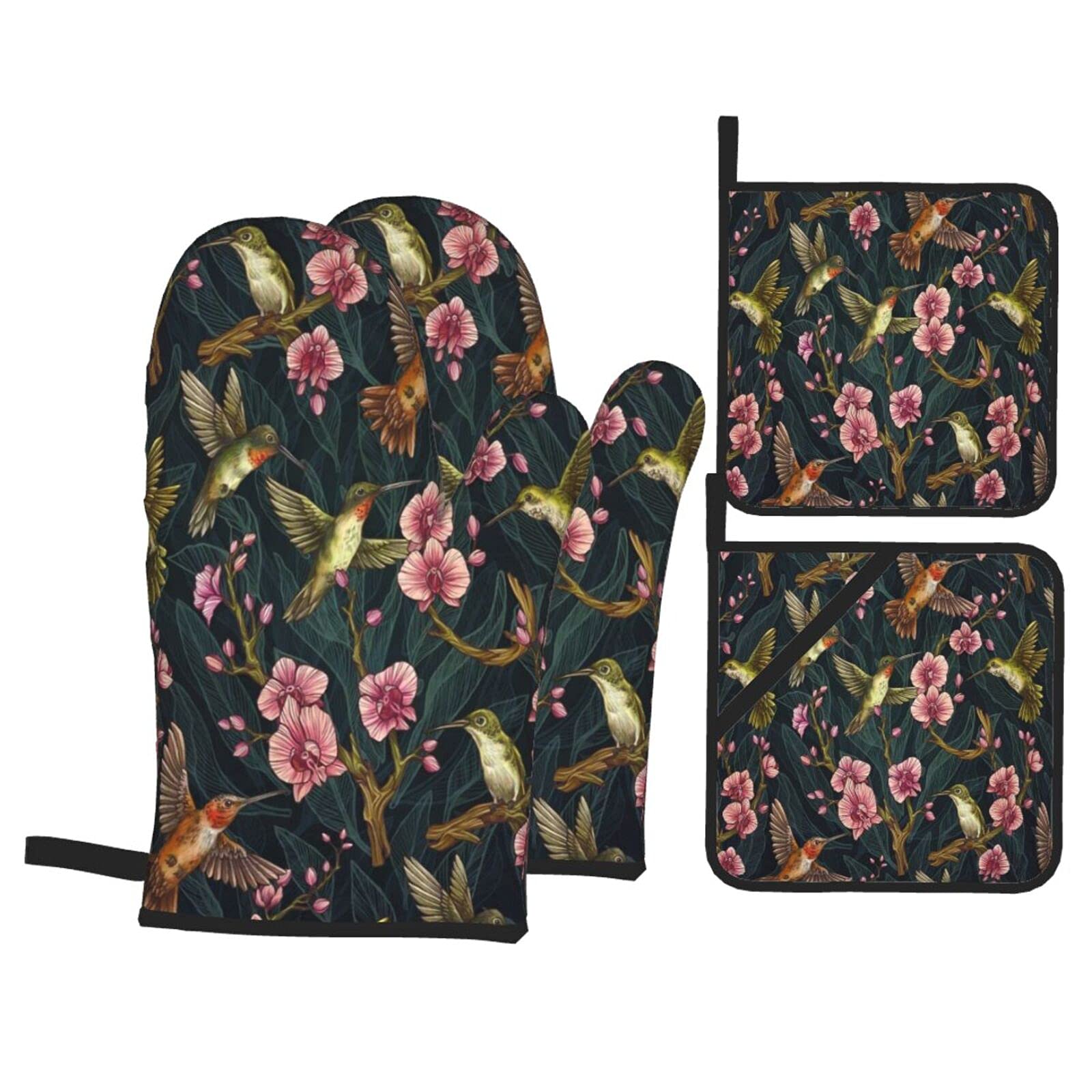 Hummingbird Flower Oven Mitts and Pot Holders Cute Heat Resistant Kitchen Set Microwave Golves and Hot Pads for Safe Cooking Baking Grilling BBQ