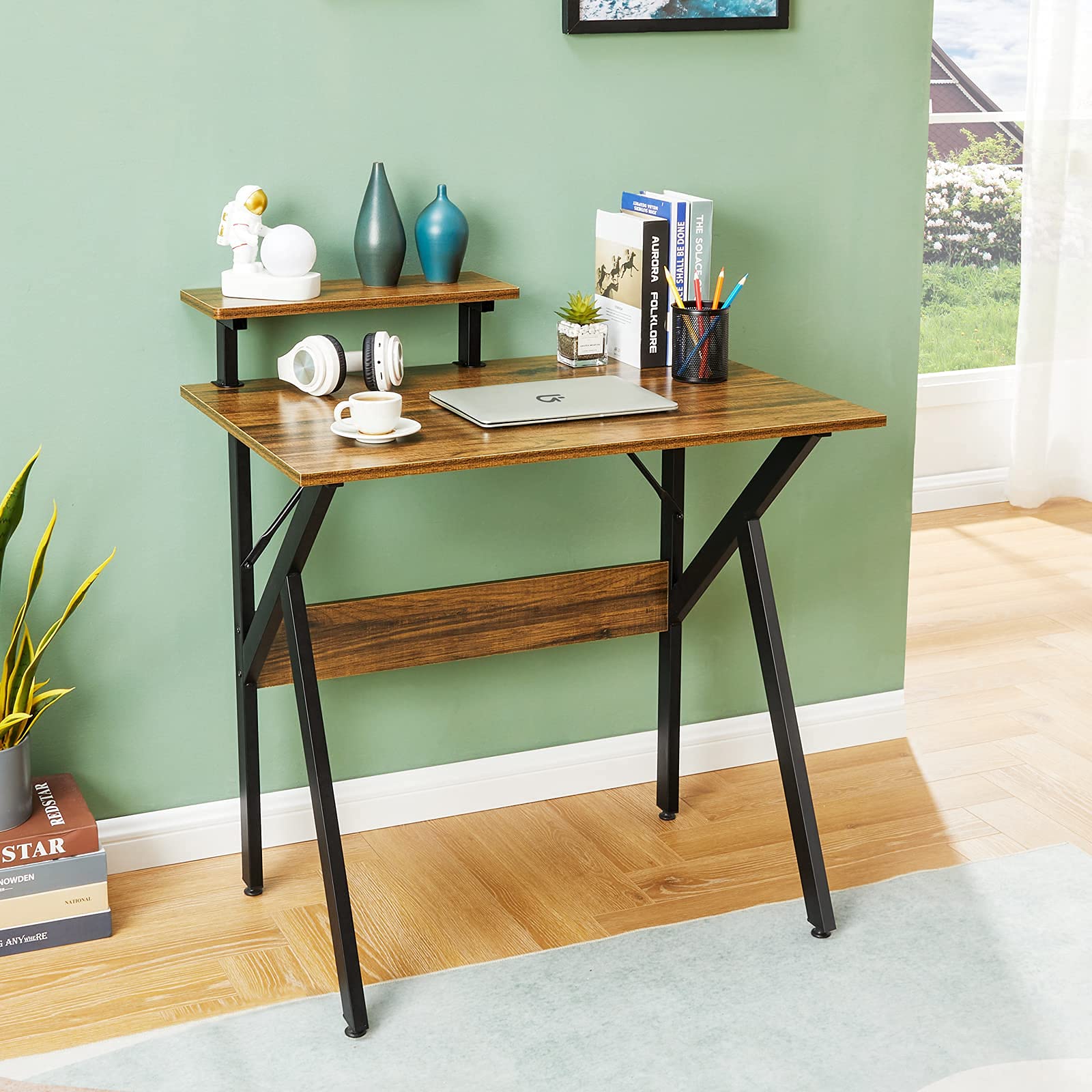 GreenForest Small Computer Desk 32 inch, Writing Gaming Desk with Moveable Shelf for Home Office Workstation, Walnut