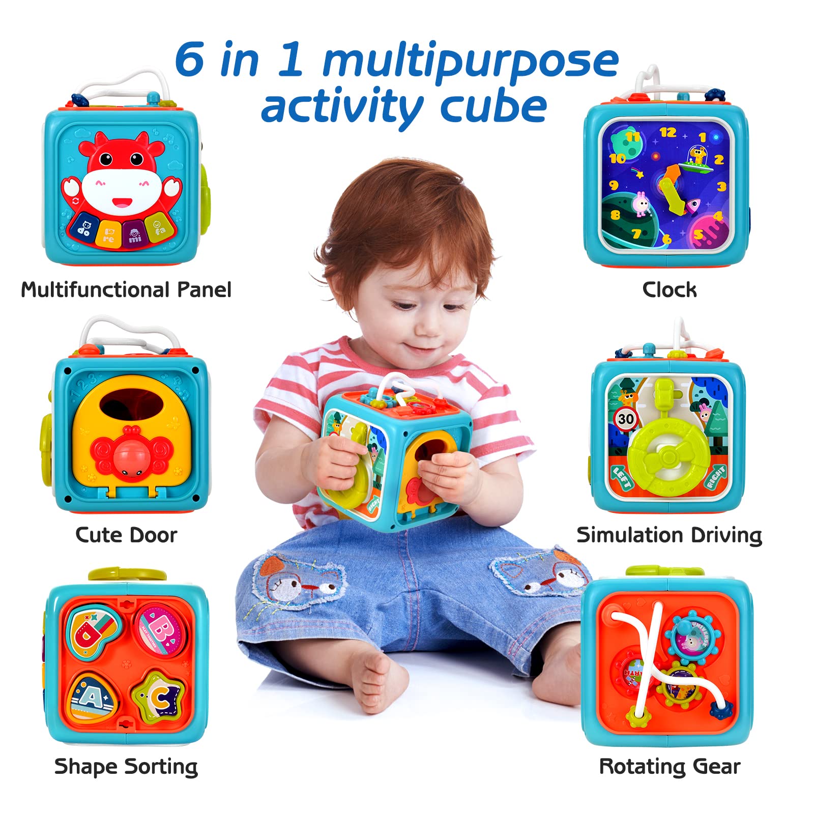 IDS Home Activity Cube Toys,6 in 1 Multi-Purpose Learning Cube with Music,Activity Center Shape Sorter Toy Gift for 18M+ Boy Girl Toddlers Kids, Christmas, Birthday Gift
