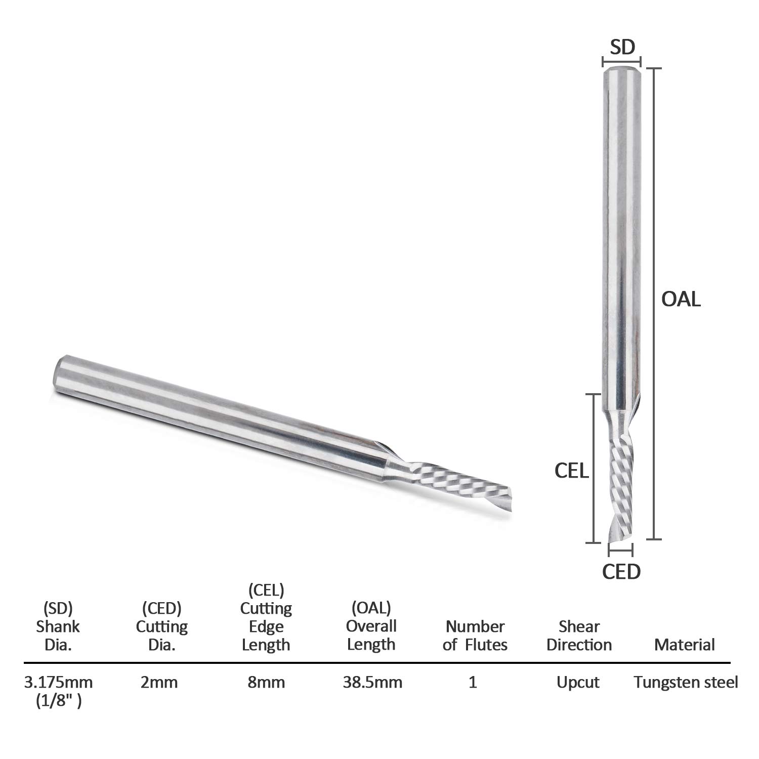 HQMaster CNC Router Bits, 10 Pack 1/8β Shank Spiral Upcut Router Bit 1 Flute End Mill Set Milling Cutter 2mm Cutting Single Flute Tungsten Steel Engraving Tool 8mm CEL, 38.5mm OAL for MDF Acrylic PVC