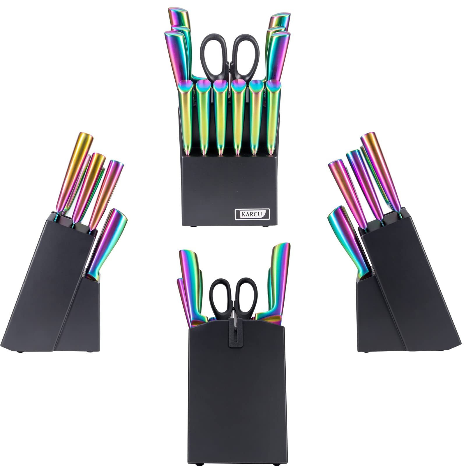 Knife Set, 14piece Karcu Kitchen Knife Block Set, Rainbow German Steel Kitchen Knives Set with Wooden Block, Chef's Knife Block Set with Scissors