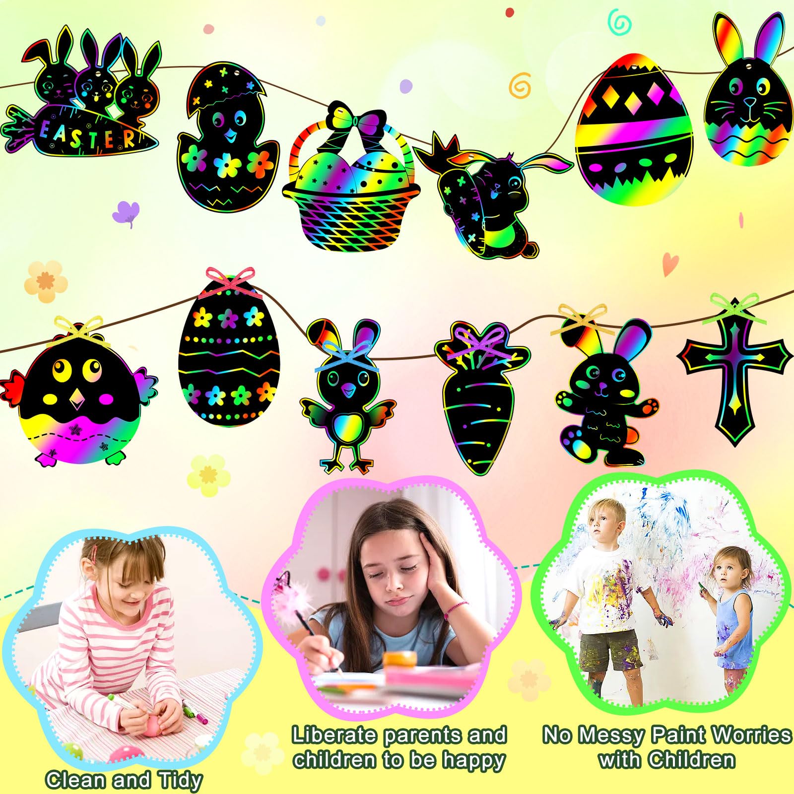 JULMELON Easter Crafts for Kids, 36 Pack Magic Rainbow Scratch Paper Kit Cute Bunny Scratch Art for Kids Easter Party Favors Gifts Egg Basket Stuffers
