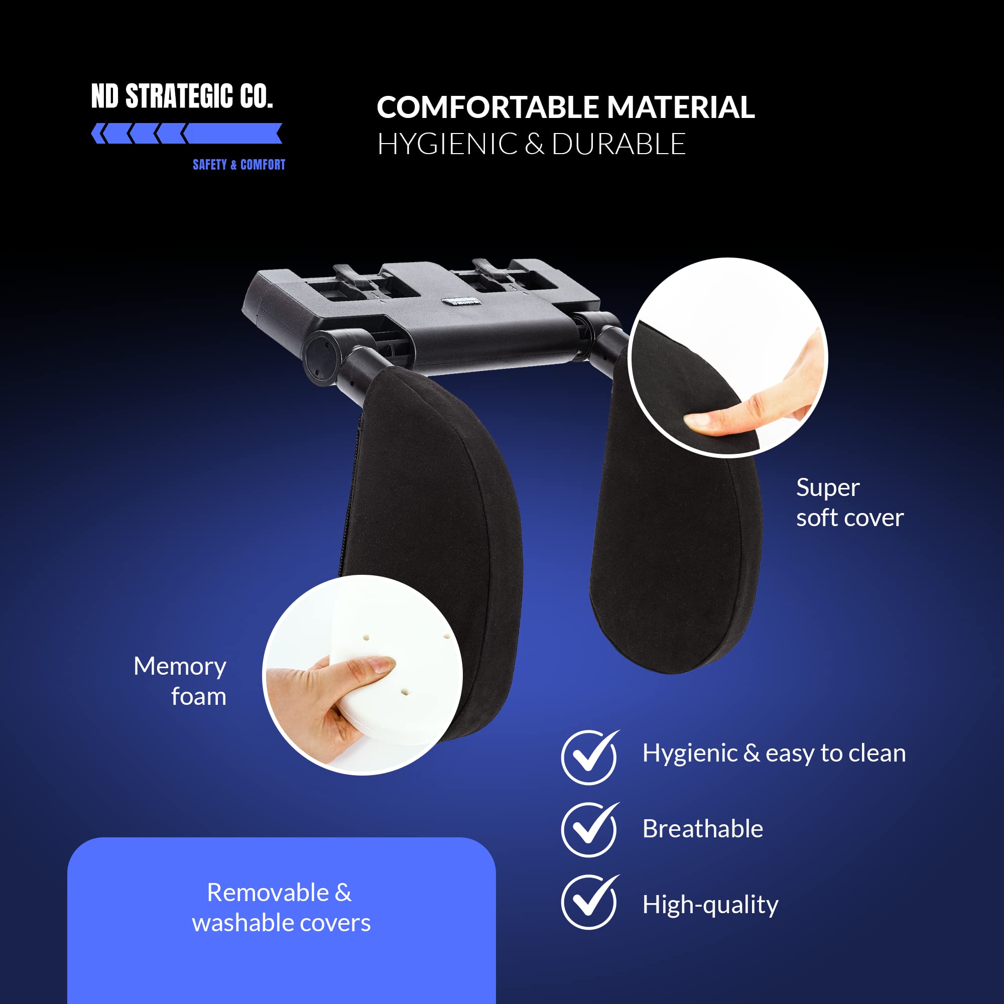 ND Strategic & Co. Car Headrest Pillow - 360° Adjustable Car Seat Headrest with Washable Covers - Car Neck Support - incl. Seat Belt Protection