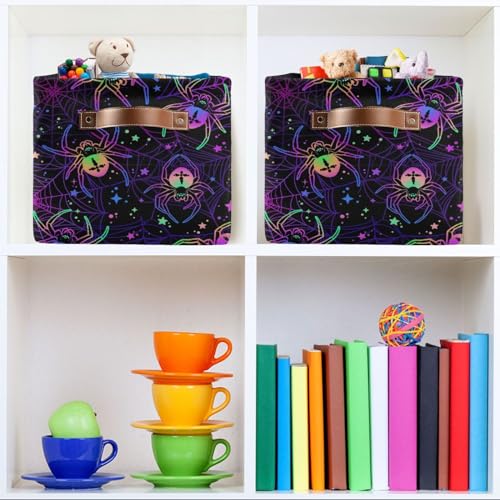 Halloween Spider Web Neon Storage Basket Bins Foldable Toy Baskets Organization with Handles Laundry Hamper for Office Bedroom Clothes Bedroom Living Room,1 pcs