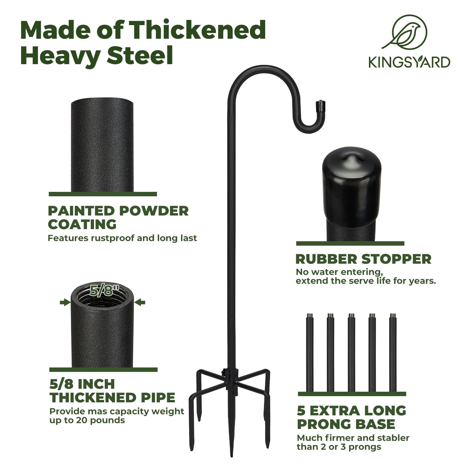 Kingsyard Adjustable Shepherd Hooks for Outdoor - Heavy Duty Bird Feeder Pole with 5 Prong Base, Garden Plant Hanger, Weddings Decor, Solar Light Lanterns, 60 inch