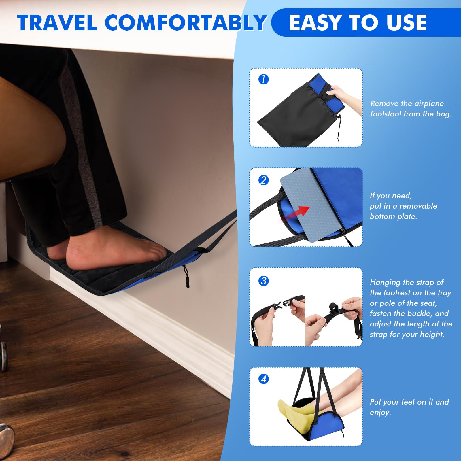 HAYVAN Airplane Footrest with Comfortable Latex Cushion for Long Flights - Portable Adjustable Airplane Desk Foot Hammock to Relax Your Feet and Leg in Plane, Office, Home (Blue)