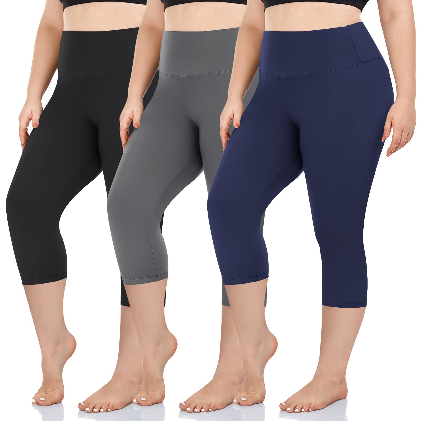 GROTEEN 3 Pack Plus Size Capri Leggings for Women-High Waisted Tummy Control Workout Black Yoga Pants