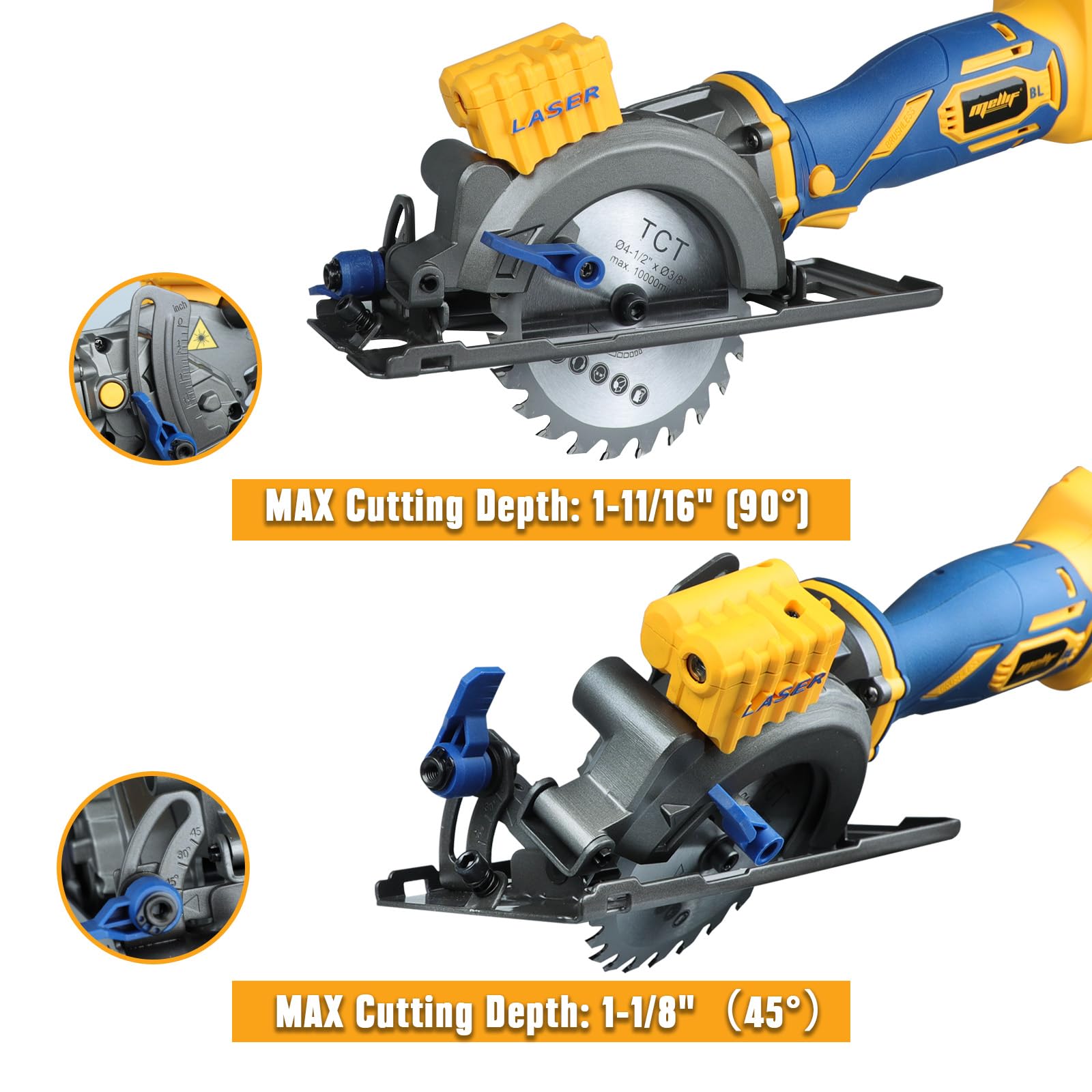 Mini Circular Saw Compatible with DeWalt & Mellif 20V MAX Battery (Tool Only) Cordless Tile Saw with Brushless 5,000RPM, 3-Saw Blade 4-1/2", Depth 1-11/16"-90°, 1-1/8"-45°, Laser Guide for Metal, Wood
