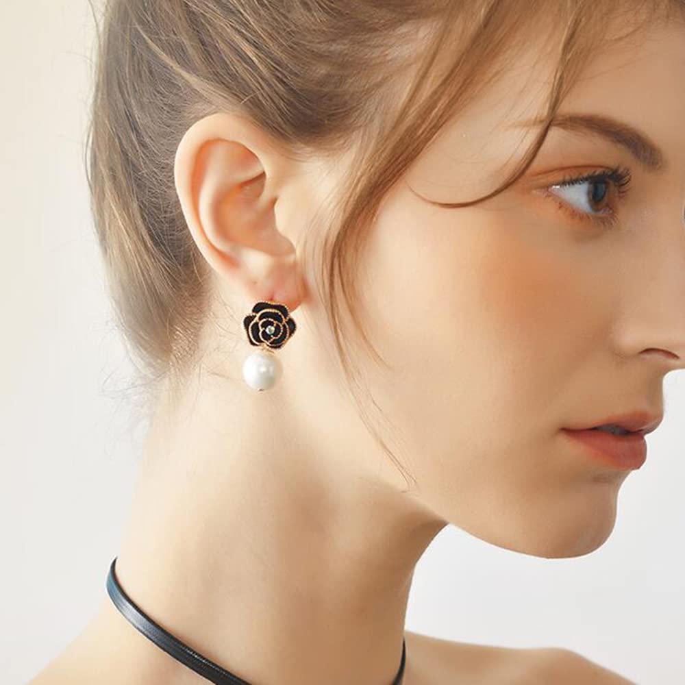 Imitation Pearl Rose Charm Dangle Stud Earrings for women (Black)