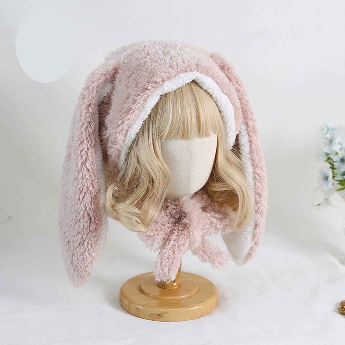 Jilneed Cute Bunny Hat Women Plush Rabbit Ear Funny Lolita Sweet Kawaii Winter Fluffy Fleece Warm Hat Cap Cosplay Accessory (pink)