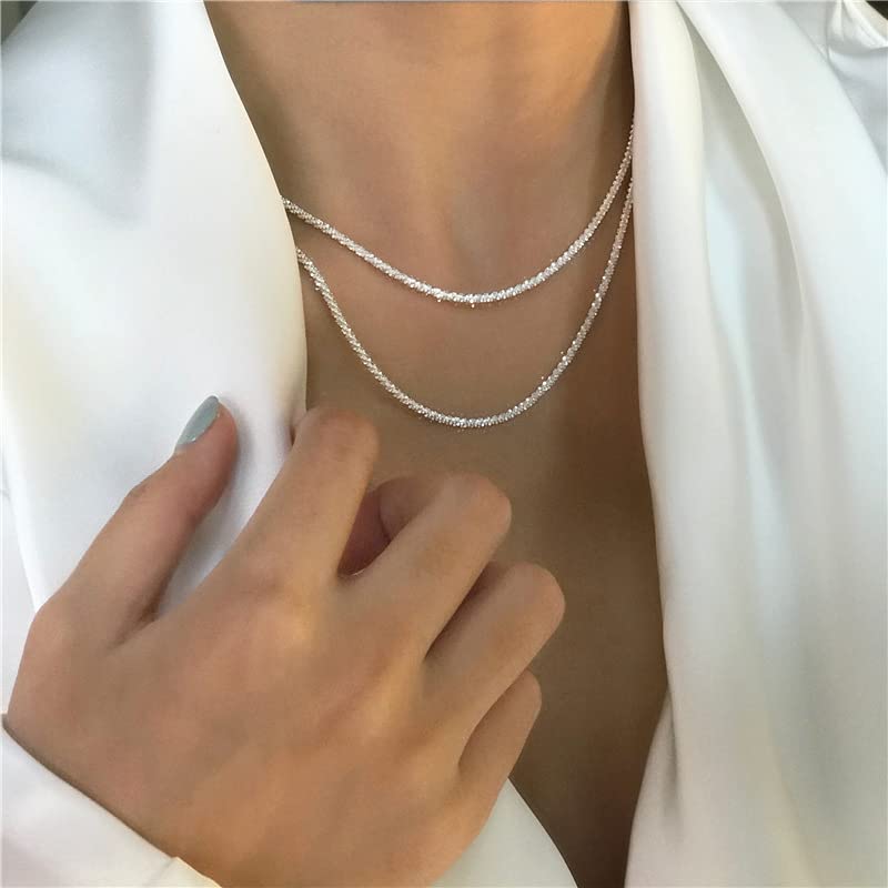 HEIMAXING Silver Sparkling Layered Necklaces For Women Clavicle Chain Choker Dainty Wedding Party Necklace (Two Layered Chain)