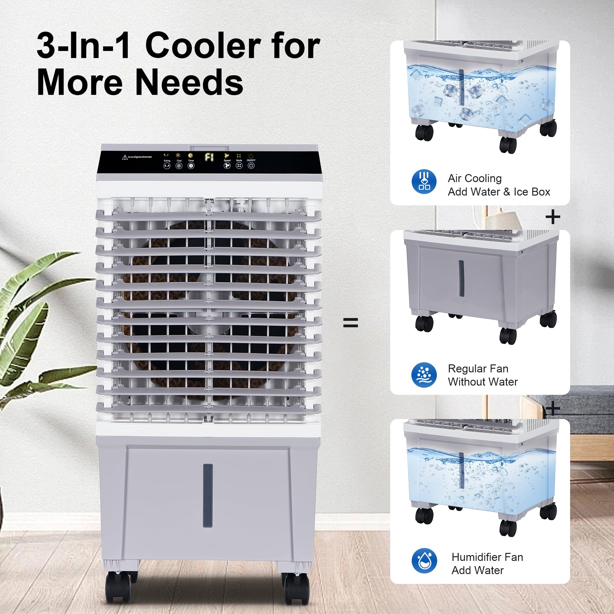 KEGIAN Evaporative Air Cooler, Swamp Cooler with 5.3 Gallon Water Tank, Remote Control, 12H Timer, 3 Modes & Speeds, 110° Oscillation, Portable 3-IN-1 Cooling Fan for Bedroom Home Office (Grey)