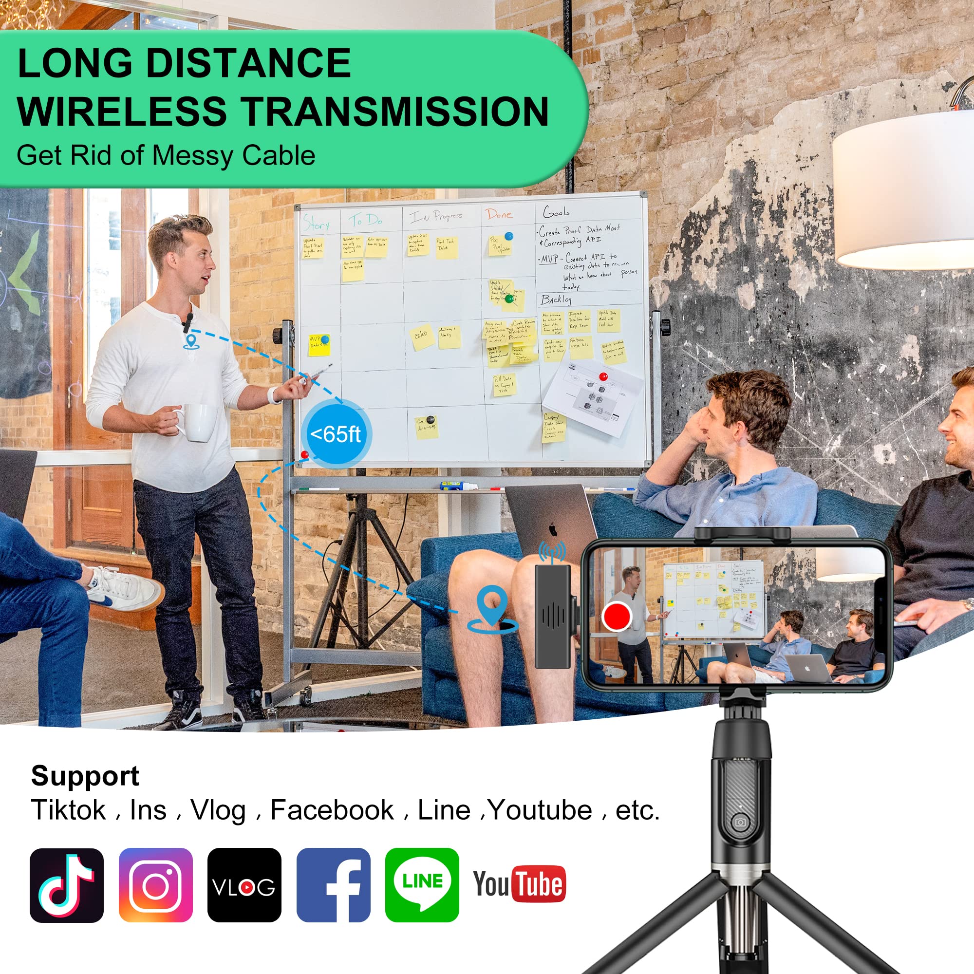 HMKCH 2-in-1 Wireless Lavalier Microphone for iPhone iPad, Plug-Play Wireless Mic for Recording, Live Stream, YouTube, TikTok, Facebook, Vlog, Interview, Noise Reduction Auto-Sync