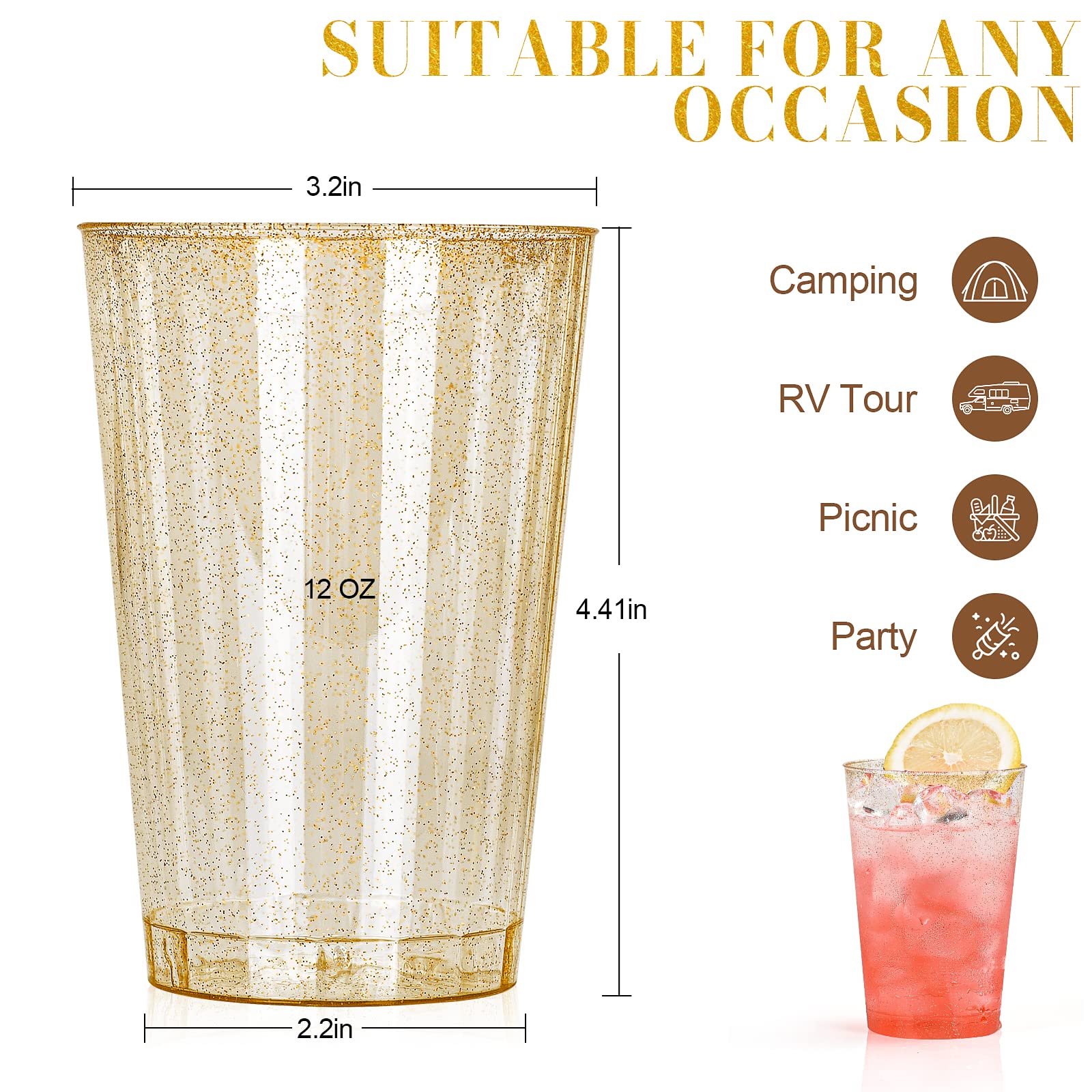 Glitter Plastic Cups Gold Glitter Disposable Cups 12 oz 100 Pack Clear Plastic Cups Recyclable Wine Glasses for Parties Elegant Plastic Party Cups Wedding Decorations