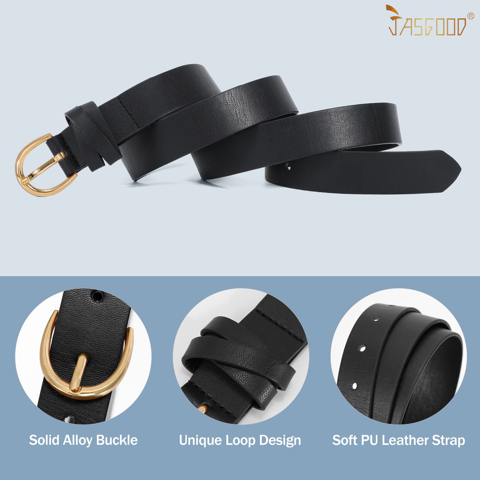 JASGOOD 2 Pack Women Leather Belt for Jeans Pants,Fashion PU leather Belt with Silver Buckle