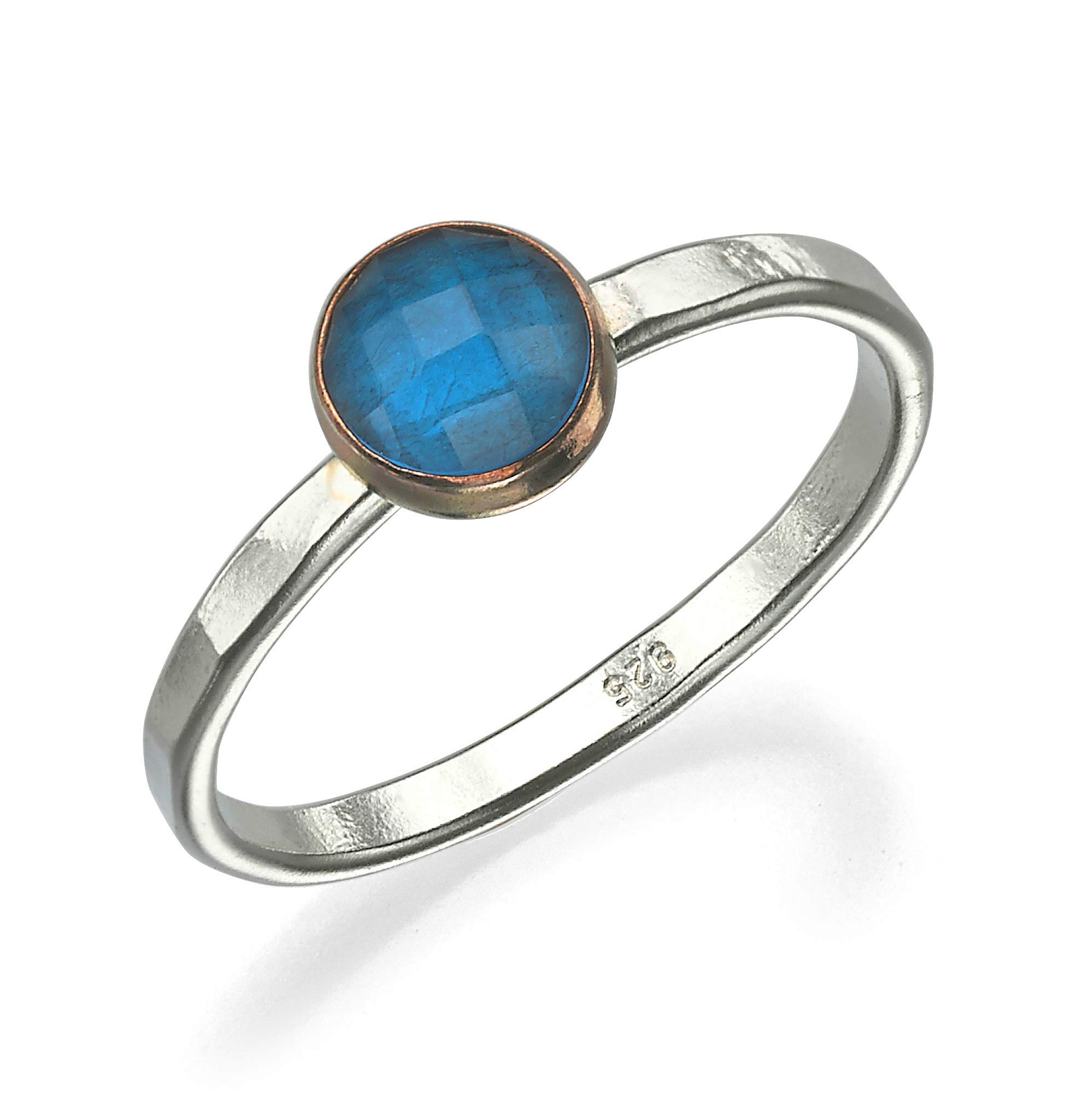 Handmade 2 tone Hammered Silver Ring and 14K Gold-Filled Base with Cubic Zirconia 6mm/4mm Simulated Diamond Engagement Wedding Ring Couples Band, Statement Stacking For Women (6mm Blue Topaz, 12)
