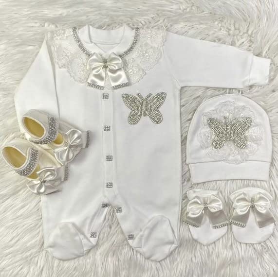 Luxurious handmade Baby Girl/Boy Hospital Exit born Bling Outfits Layette Set Special Occasion Outfit, style6, N/3, White and Silver