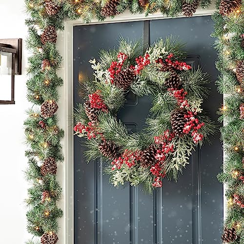 Glitzhome Christmas Artificial Wreath with Berry Pinecone for Front Door and Wall, 24" D