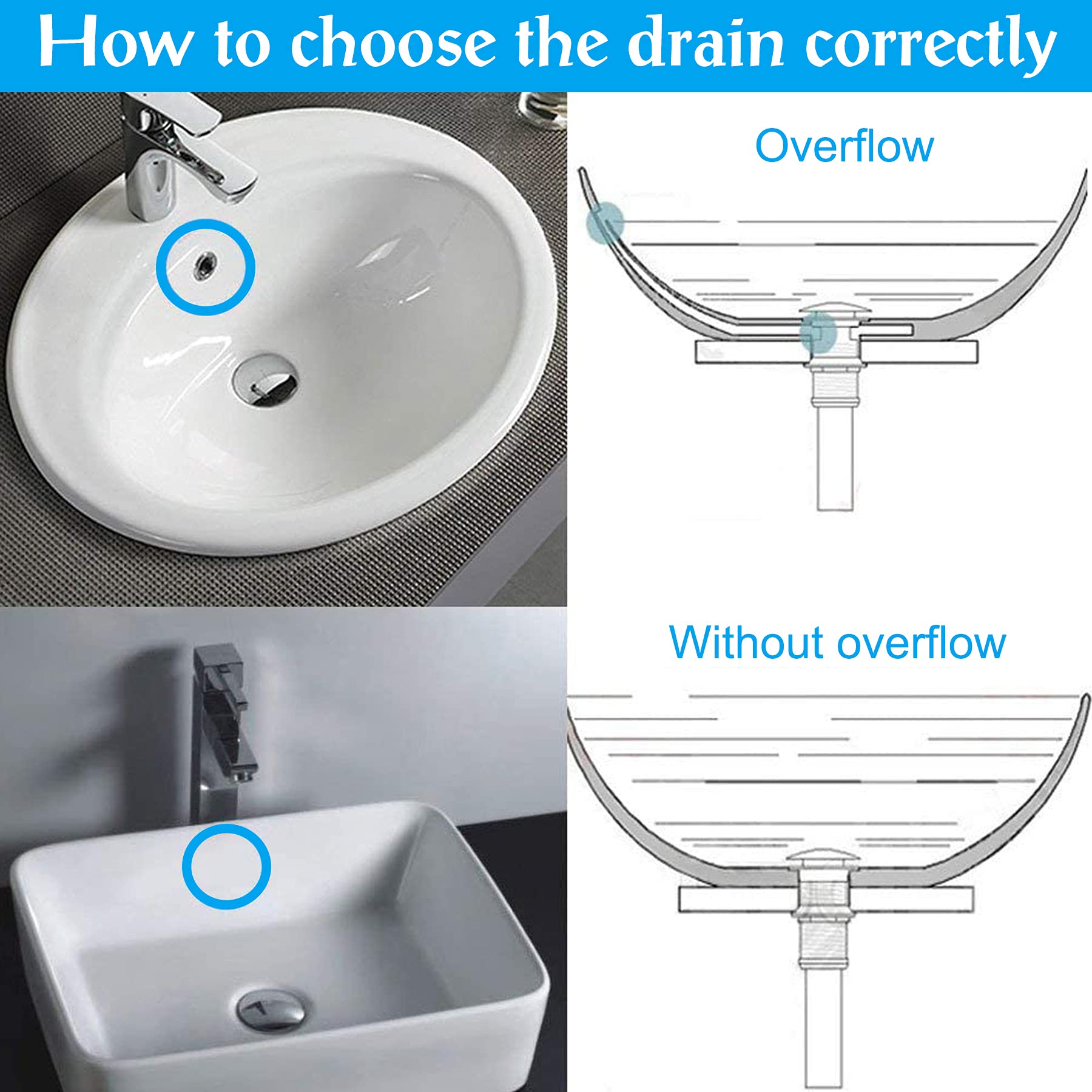 iFealClear 2 Pack Pop Up Drain Stopper with Overflow, Push and Seal Pop Up Drain Stopper for Faucet Vessel, Anti-Explosion & Anti-Clogging pop up Plunger Bathroom Sink Drain Assembly, Polished Chrome