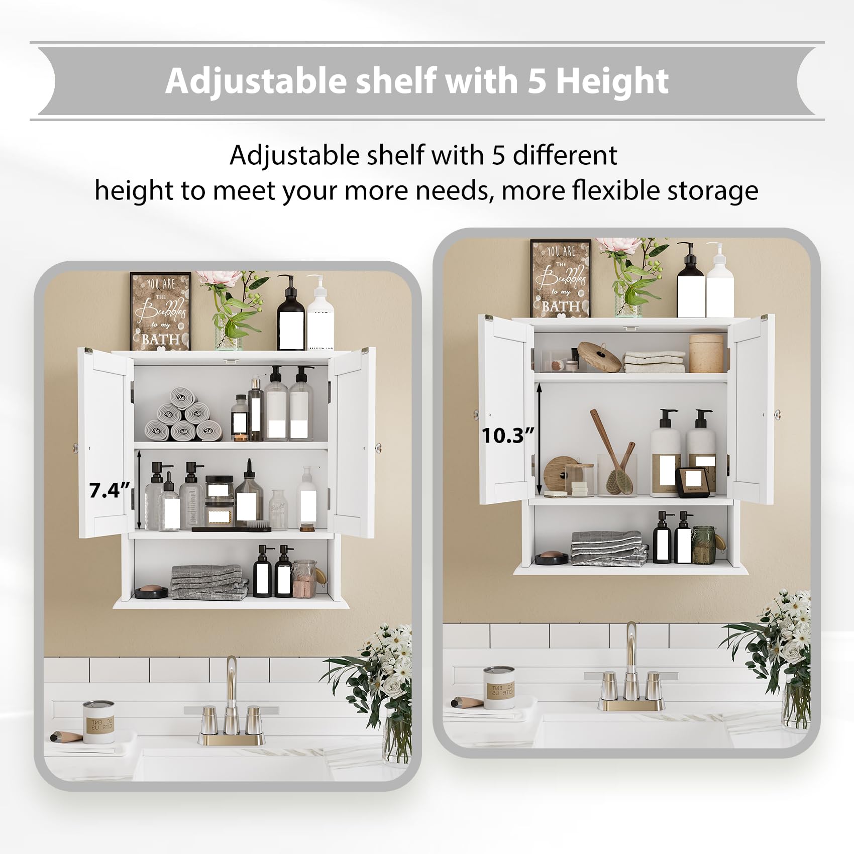Mino Kesper Bathroom Wall Cabinet with Mirror, White Bathroom Cabinet with 2 Doors and Adjustable Shelf, Wall Mounted, 21.5" W x 7.8" D x 23.6" H