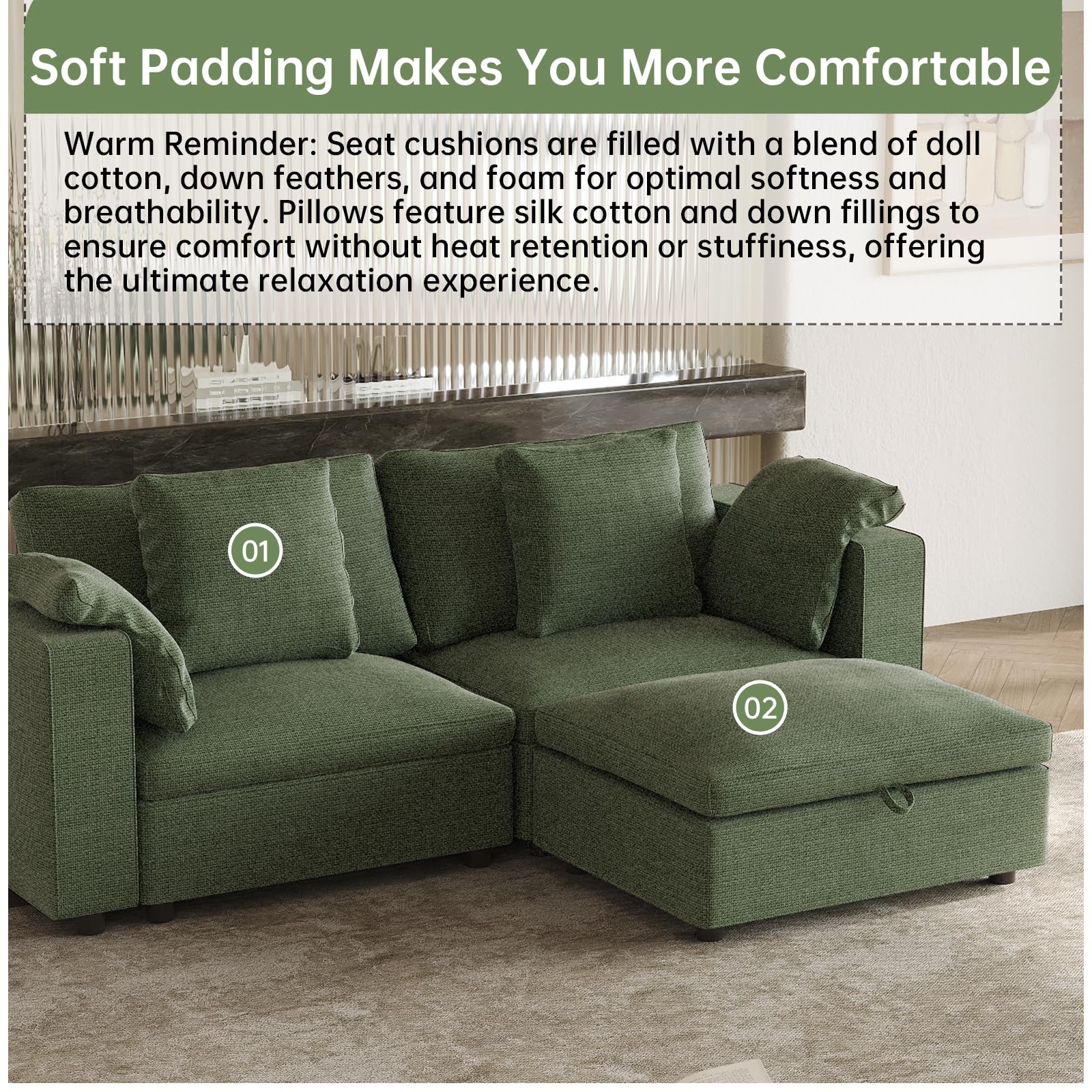 Guyii Sectional Sofa Couch, Modern Luxury Oversized 4-Seater Green Sofa with Storage Ottoman, Convertible Sofa with Back Cushions, L-Shaped Sofa for Living Room, Apartment, Home