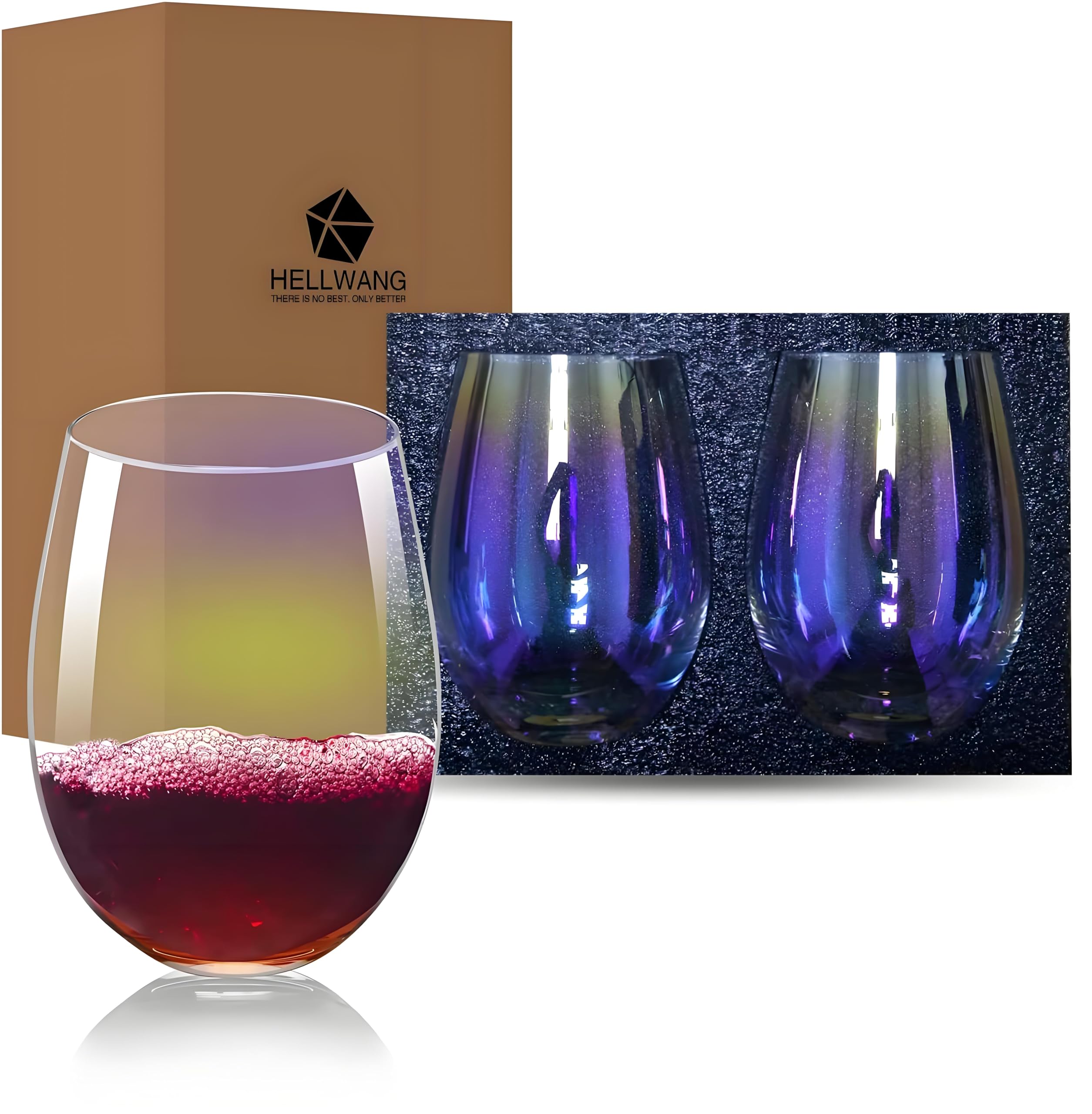 HELLWANG Wine Glasses Set of 2, 20 Ounce Seven Color Dazzling Stemless Wine Glass for Red or White Wine, Whiskey- Pool Party Beach Travel Cups