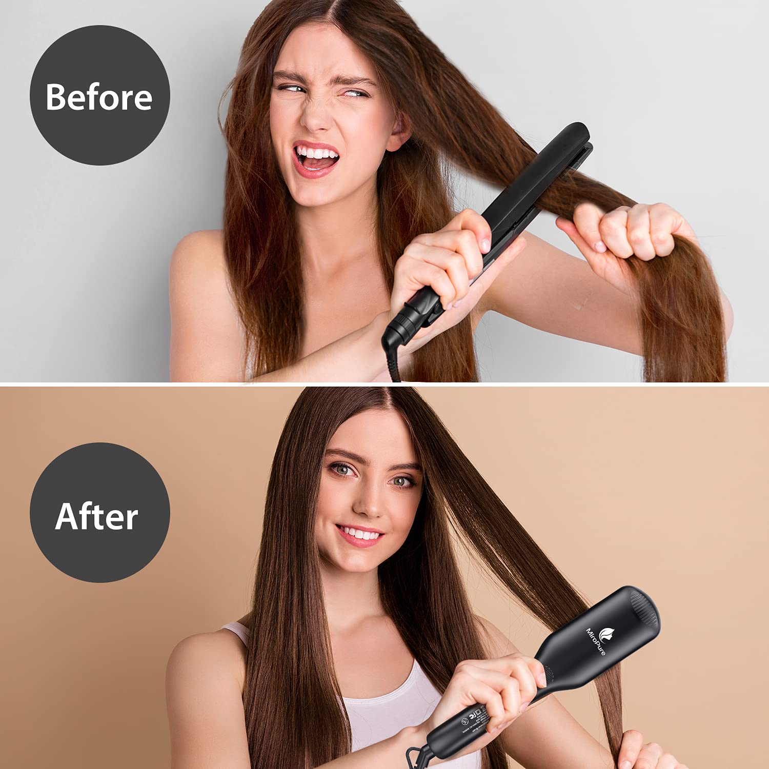 Hair Straightener Brush, MiroPure Ionic Anti-Scald Straightening Brush with Fast MCH Ceramic Heating, Adjustable Temperatures, Auto-Off & Dual Voltage, Portable Straightening Comb