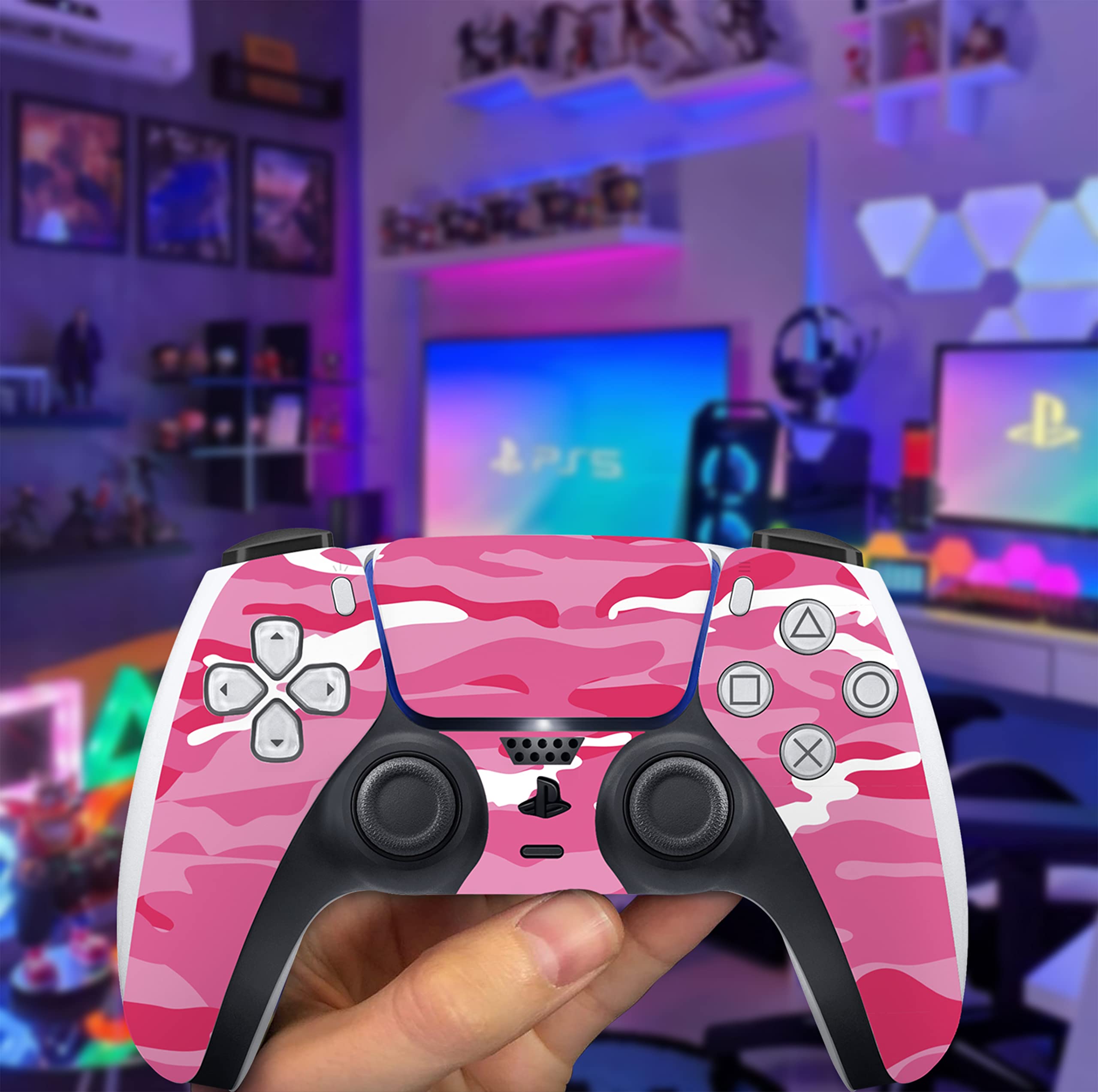 HK Studio Pink Camo Decal Sticker Skin Specific Cover for PS5 Disc Edition - Waterproof, No Bubble, Including 2 Controller Skins and Console Skin