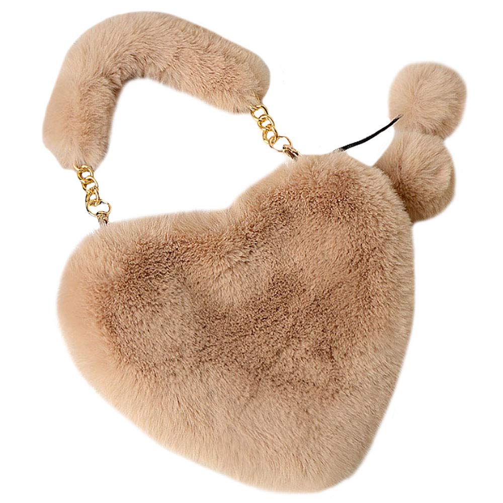 Goclothod Women Heart Shape Handbag Cute Fluffy Party Evening Clutch Fuzzy Ball Purse