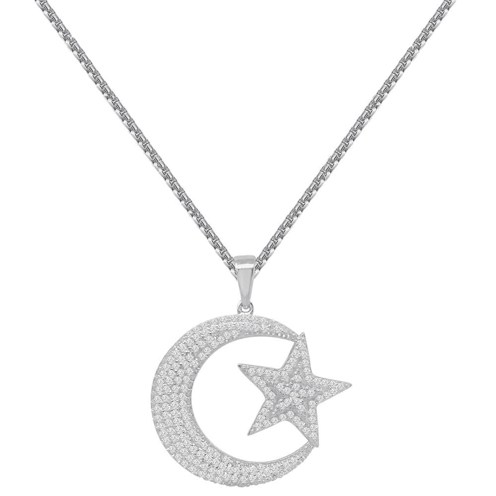 JewelBooth Real Genuine Sterling Silver Allah Muslim Islamic Crescent Moon and Star Charm Simulated Diamond Pendant Chain Neckless Set Small 1.35'' (White Gold/White CZ)
