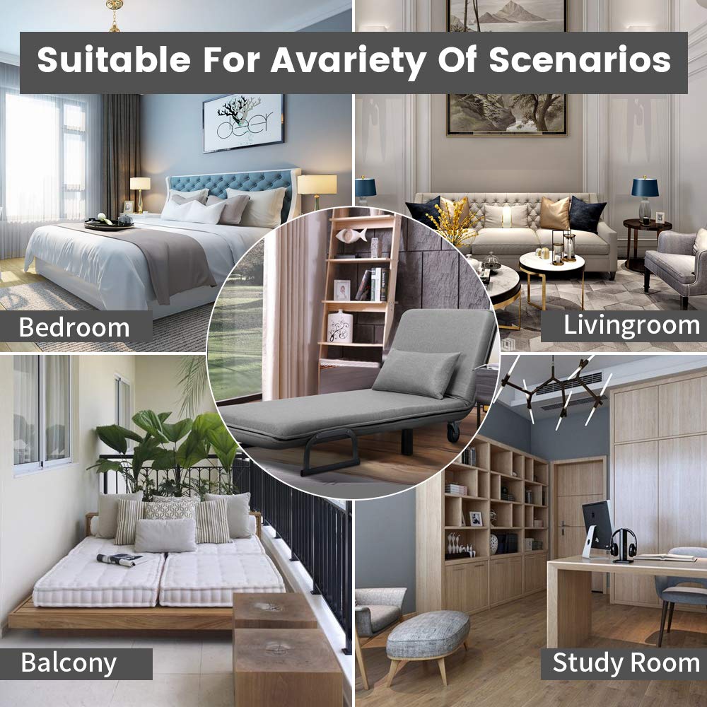 HOMHUM Convertible Sofa Bed Sleeper Chair Folding 5 Position Arm Chair Sleeper w/Pillow, Upholstered Seat, Wheel Design, Leisure Chaise Lounge Couch for Home Office (Gray)
