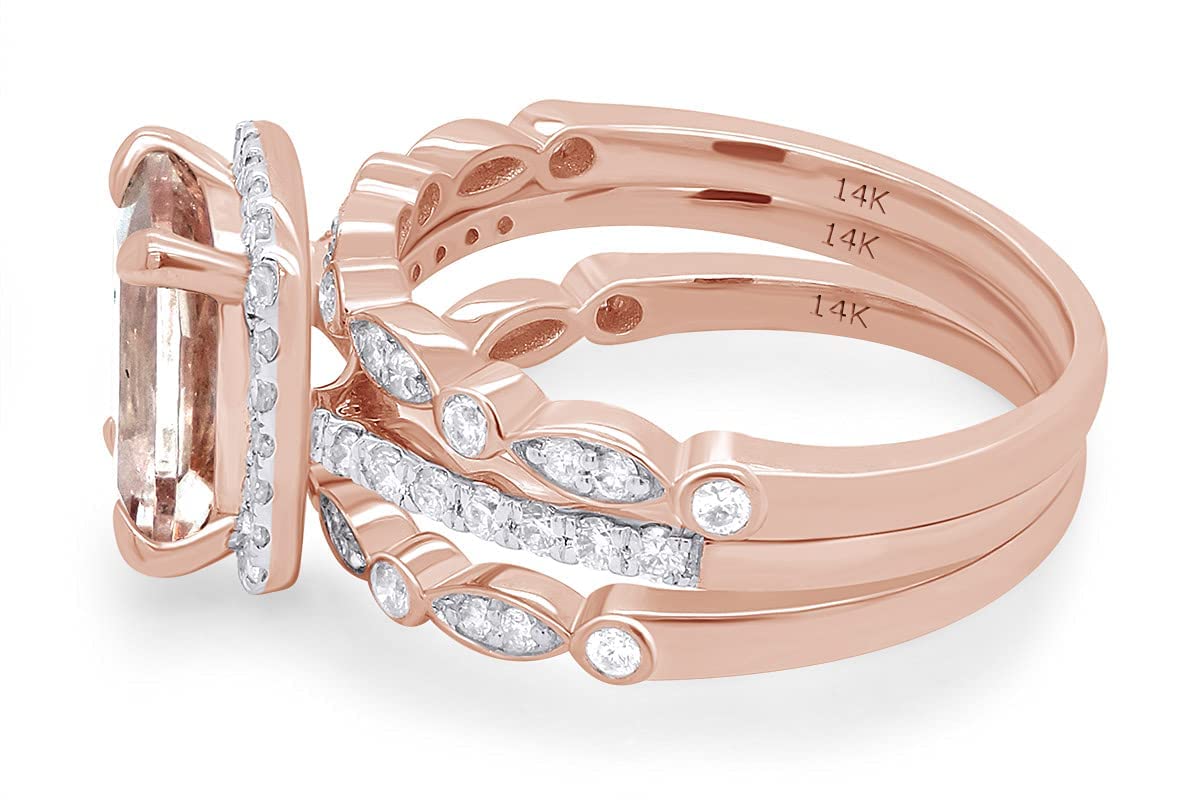 GEMVIO Collection 2 1/3 CT 7X9MM Cushion Cut Morganite Gemstone And Diamond Trio Ring Set in 14K Solid Rose Gold Engagement Anniversary Wedding Ring Set(2.34Cttw)