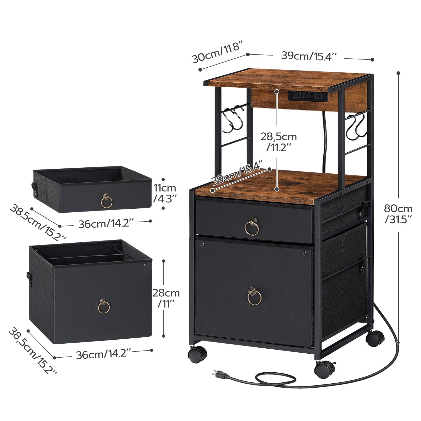 HOOBRO 2-Drawer File Cabinet, Filing Cabinet with Charging Station, Vertical Office Cabinet with Open Storage Shelf, Printer Stand, A4/Letter Size, Nonwovens Drawer, Rustic Brown and Black BFK23UWJ01