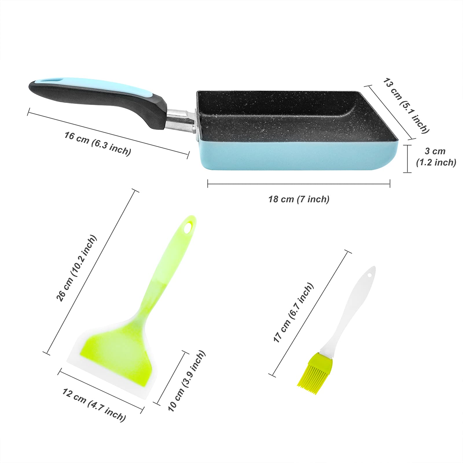 Japanese Tamagoyaki Omelette Egg Pan(blue), 7" x 6" inch Non-stick Coating Retangle Small Frying Pan, Gas Stove and Induction Hob Compatible, Dishwasher Safe, with Silicone Spatula & Brush(green)