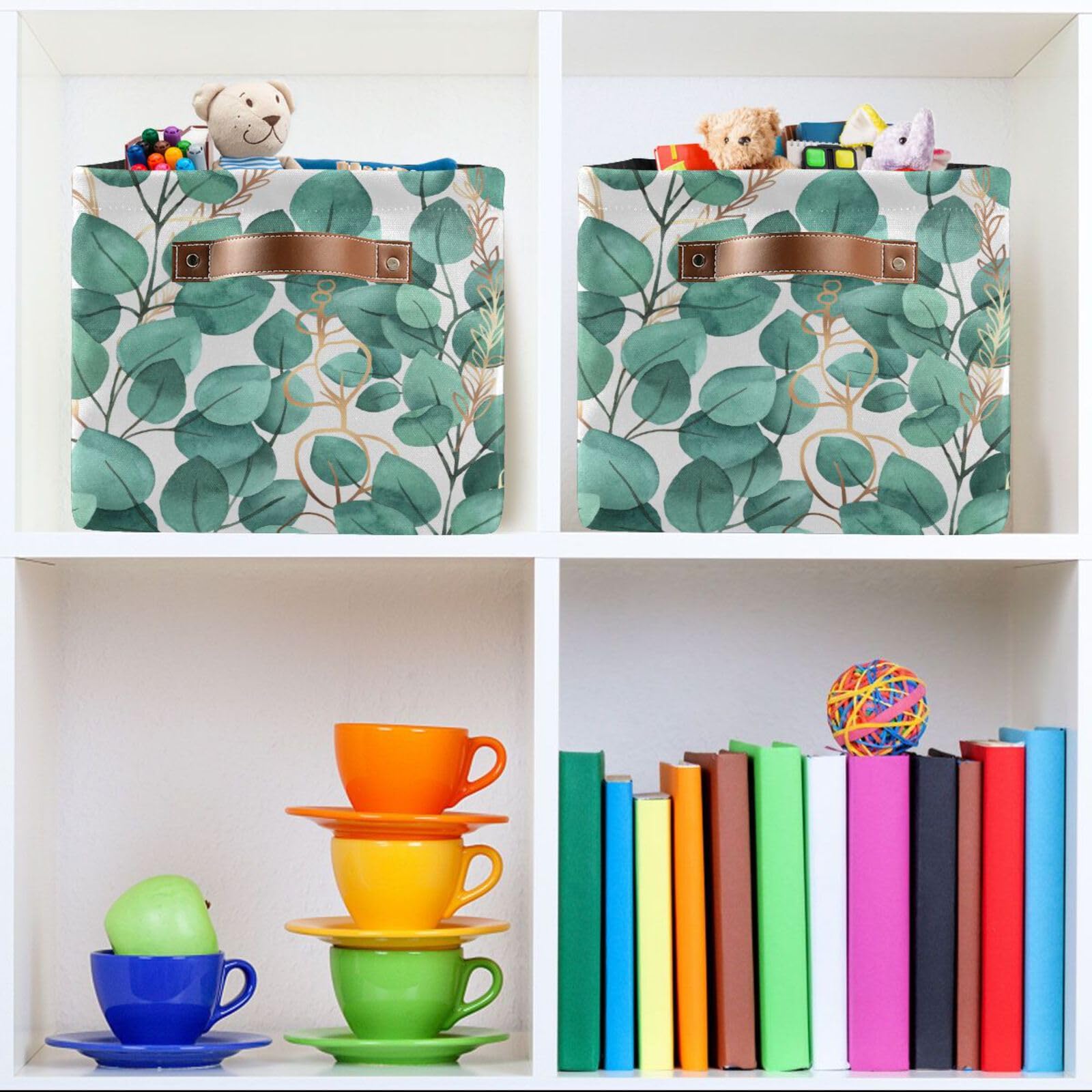 Green Leaves Storage Basket Bins Sturdy Toy Storage Organizer Bins Laundry Basket with Handles for Bedroom Office Clothes Pet Nursery Living Room,1 pcs