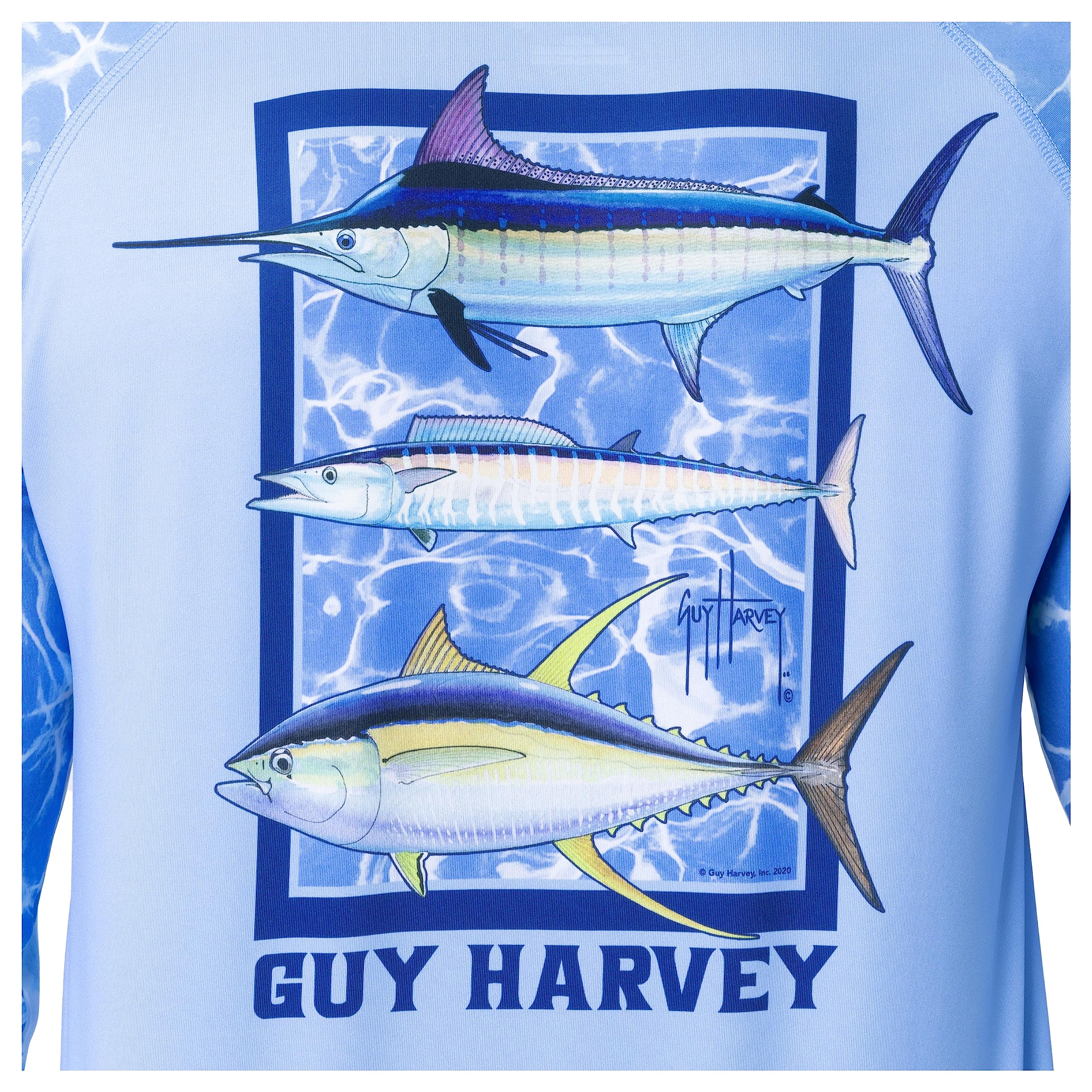 Guy Harvey Men's Raglan Sleeve Sun Protection Top, Powder Blue/Blue Water, 3X-Large