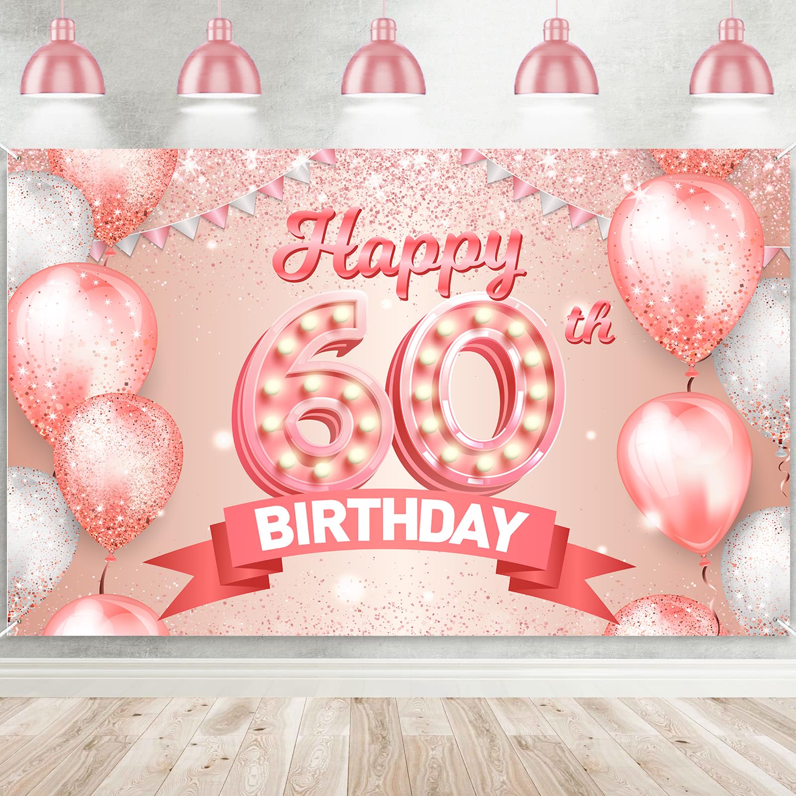 Happy 60th Birthday Rose Gold Banner Cheers to 60 Years Old Backdrop Confetti Balloons Theme Decor Decorations for Women 60 Years Old Pink Birthday Party Supplies Bday Background Favors Gift Glitter