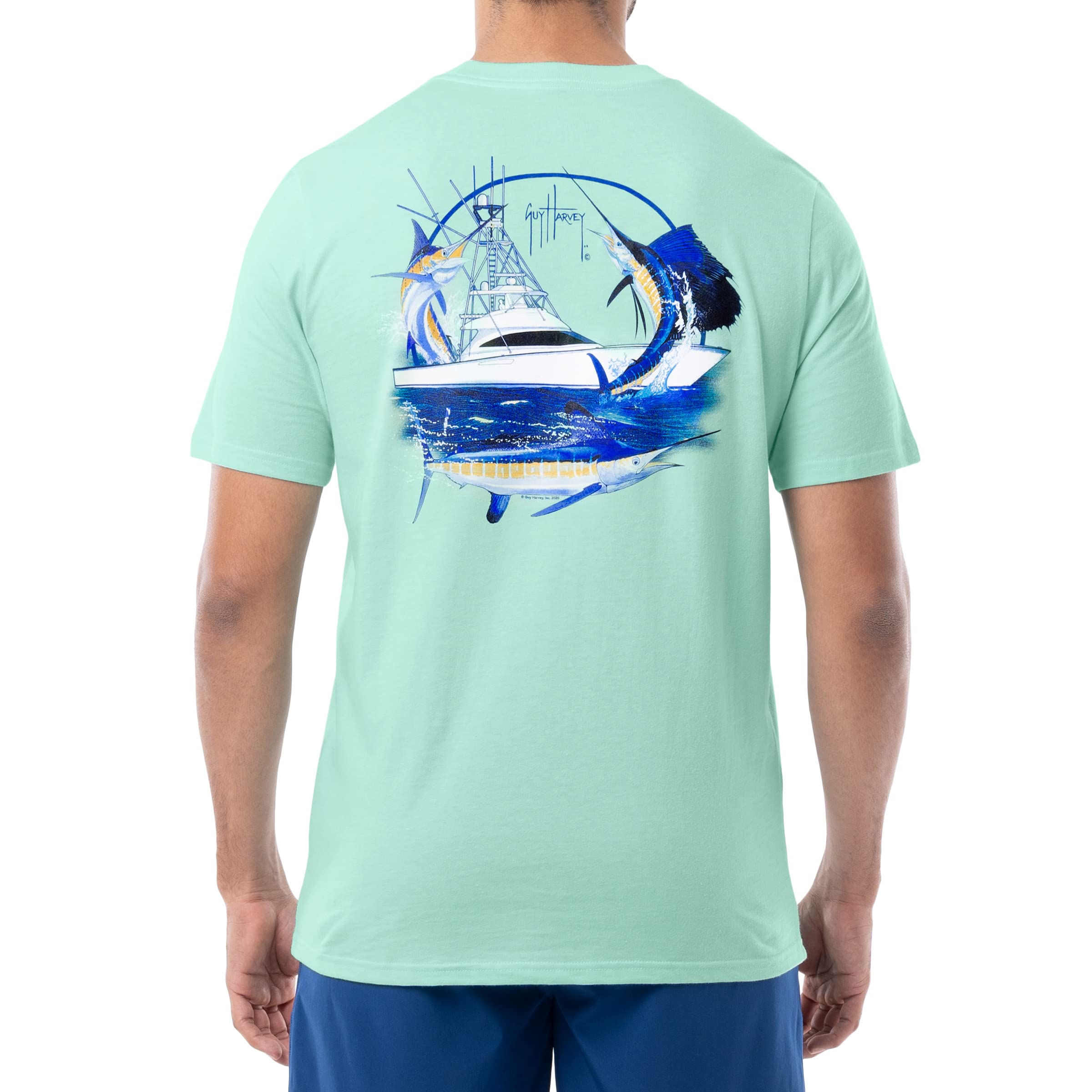 Guy Harvey Men’s All American Short Sleeve T-Shirt, Coastal Blue Heather/All American, X-Large