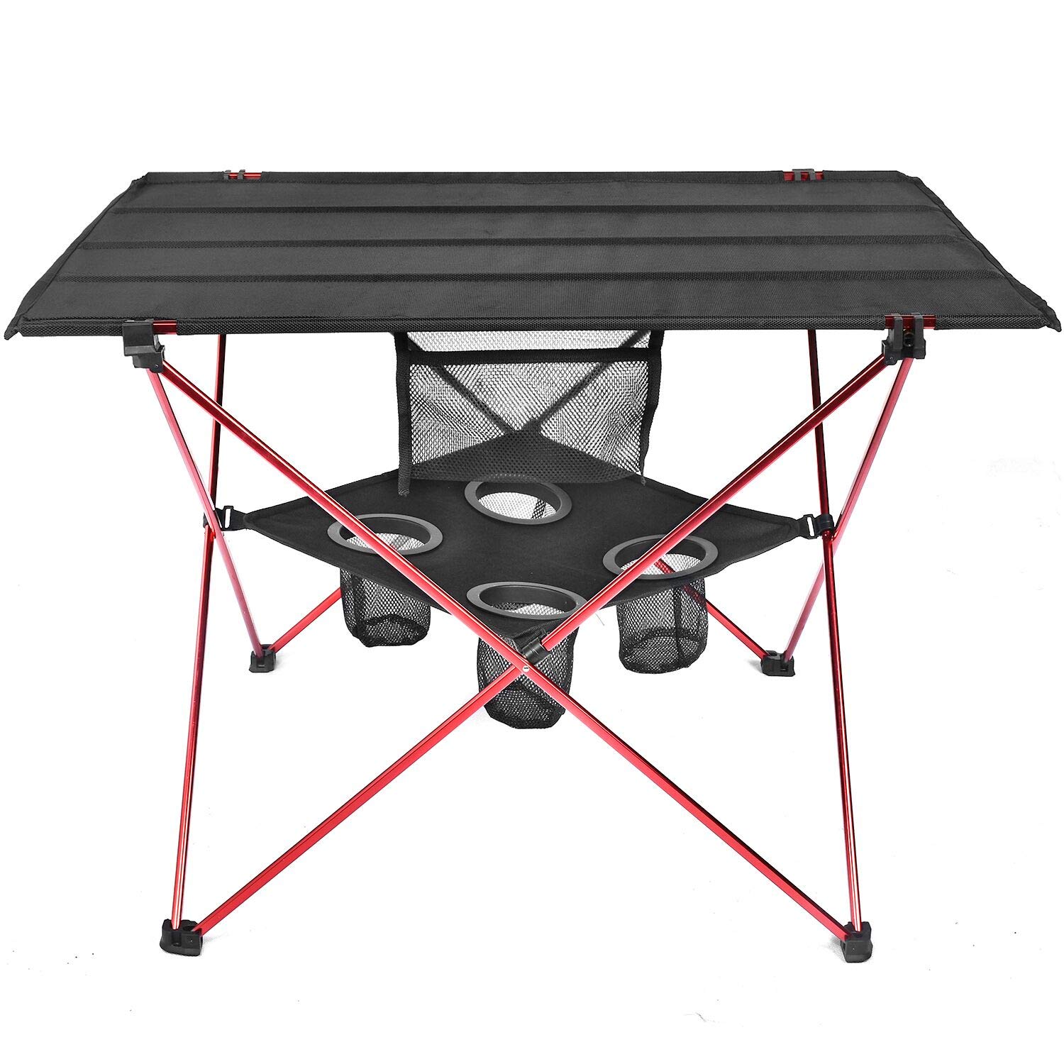 Grepatio Lightweight Camp Table - 4 Mesh Cup Holders and Carrying Bag Included, Folding Canvas Camping Table for Picnic, BBQ, Fishing, Hiking