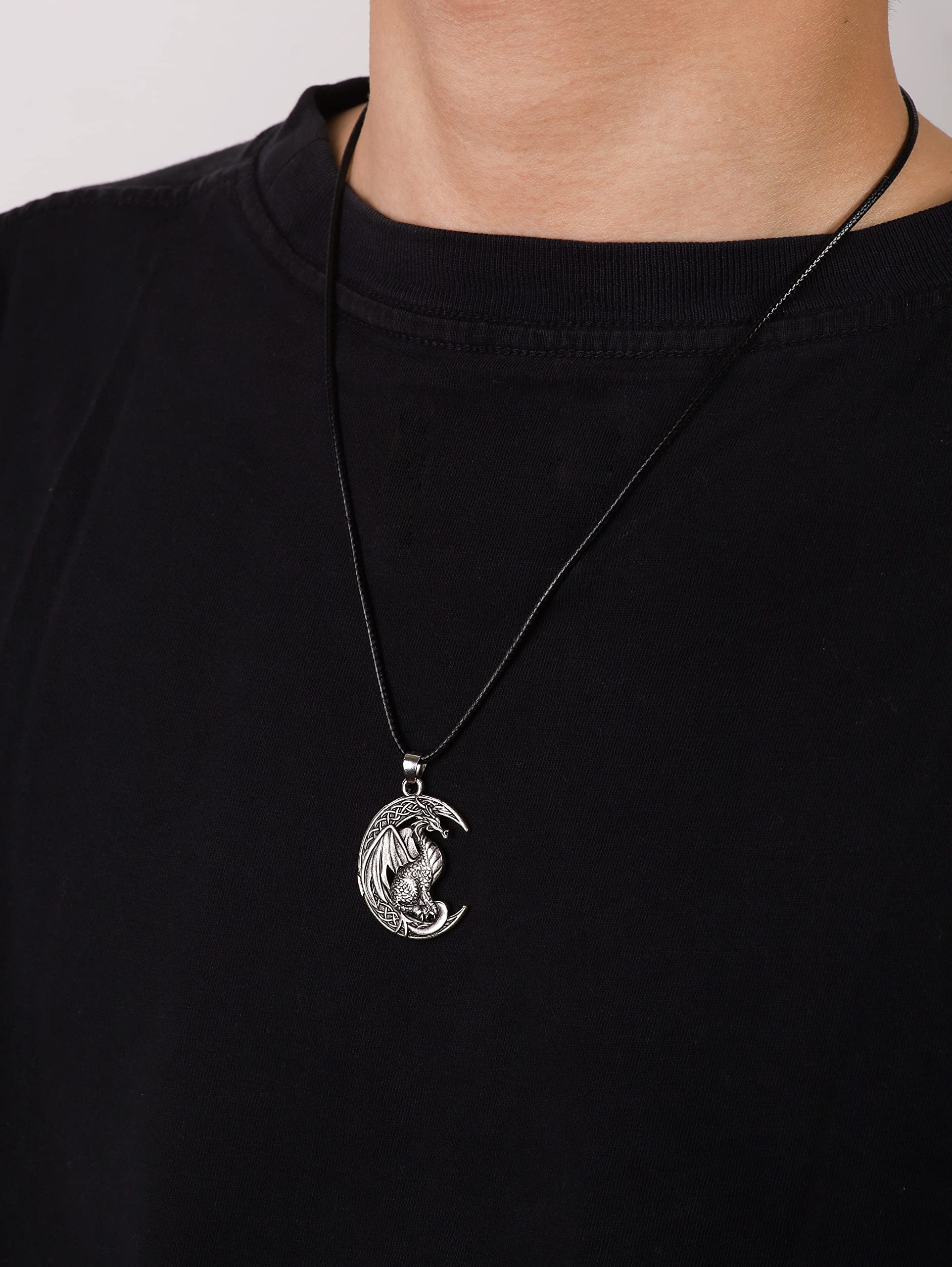 HAQUIL Dragon Necklace for Men, Celtic Dragon on Crescent Moon Pendant, Faux Leather Cord, Dragon Jewelry Gift