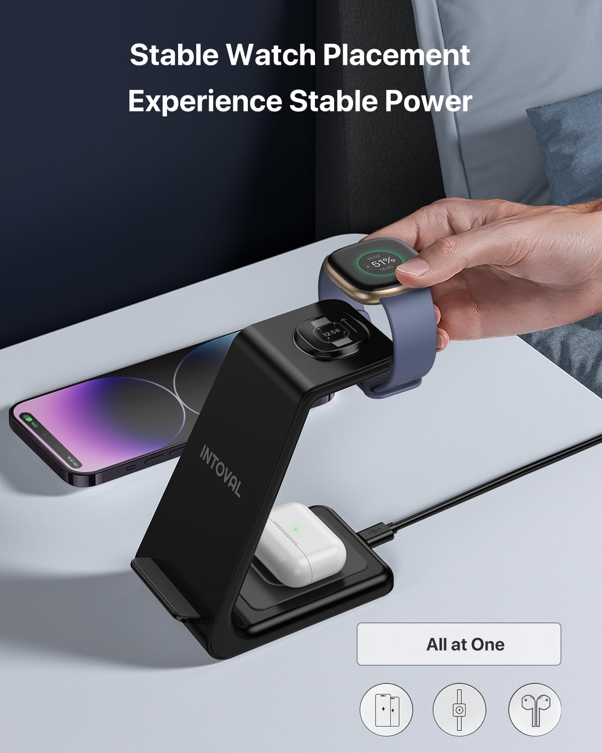 Intoval Wireless Charger for Fitbit Sense 2/Sense/Versa 4/Versa 3, 3 in 1 Wireless Charging Station for iPhones, Androids, Airpods (V3, Black)