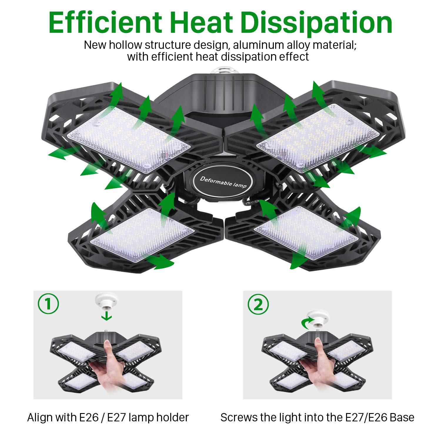 GRESATEK 150W LED Garage Light, New 15000Lumen 4 Leaf Deformable Garage Lights, Quadruple Glow LED Garage Light, E26/E27 Base, CRI 80, 6000K Retractable Garage Light for Garage, Working Light, Black