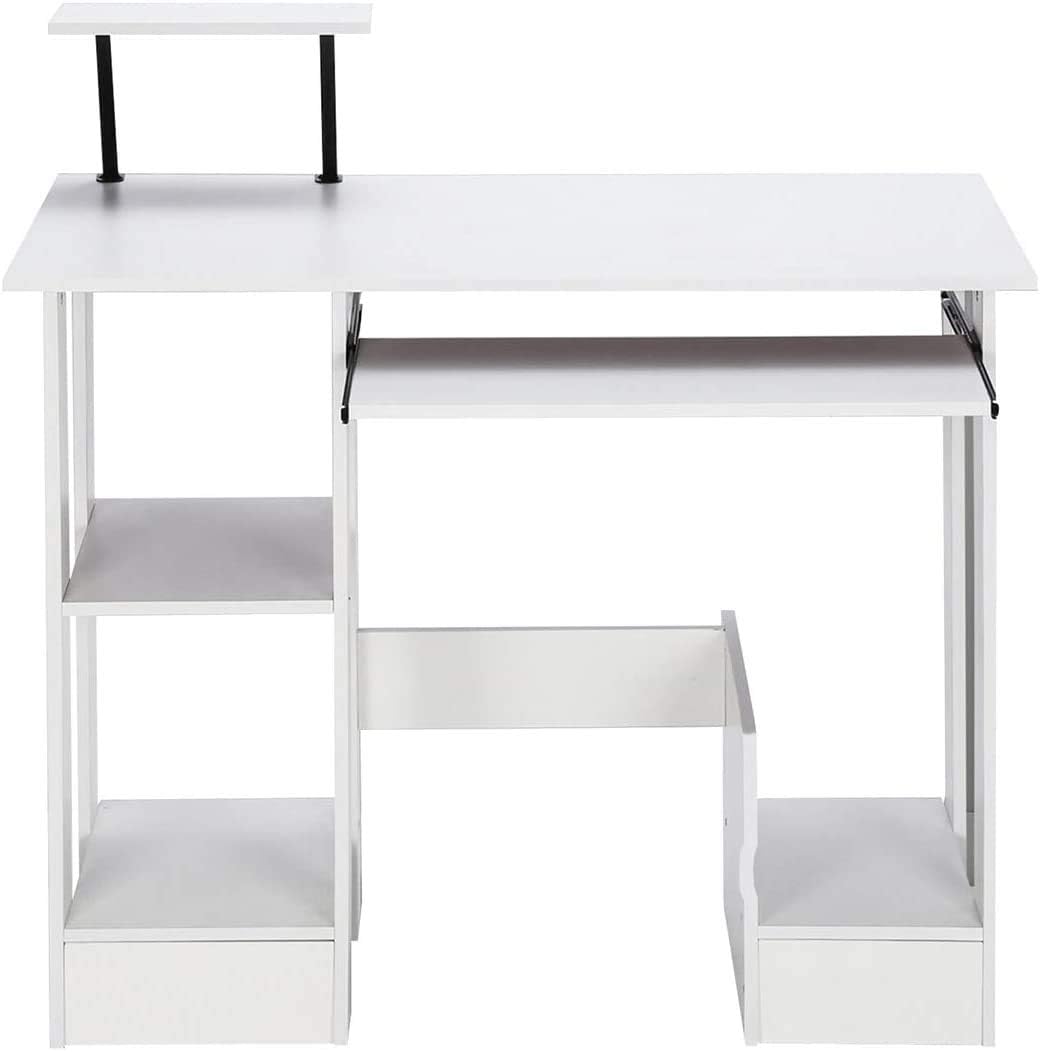 Harapu Strong Bearing Computer Desk, Home Office Storage Shelves Study Workstation Laptop Table, L90 x W48 x H73 cm, Warm White